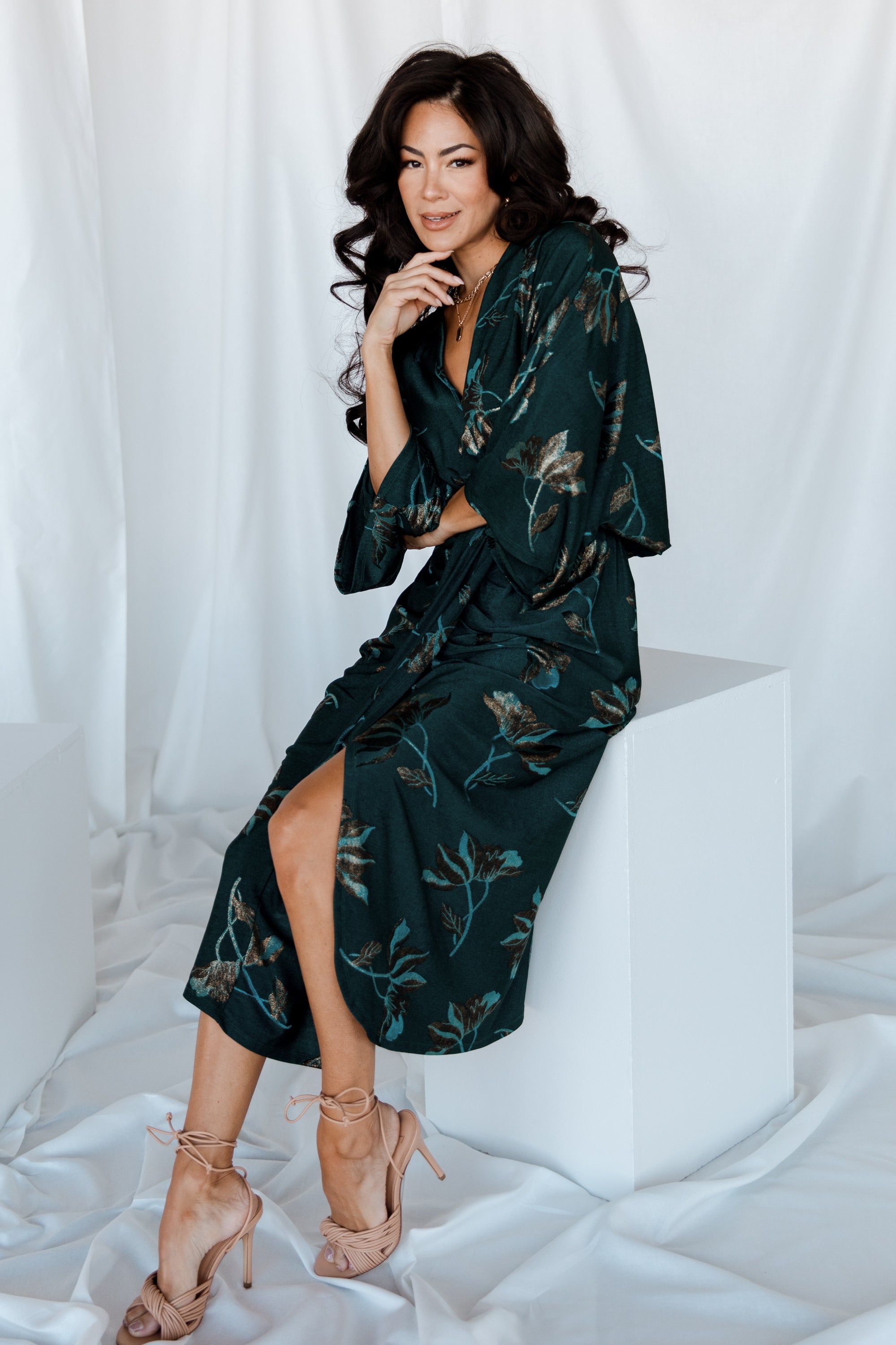 Shaneen Ruched Midi Dress | Jade Floral Shimmer | Baltic Born