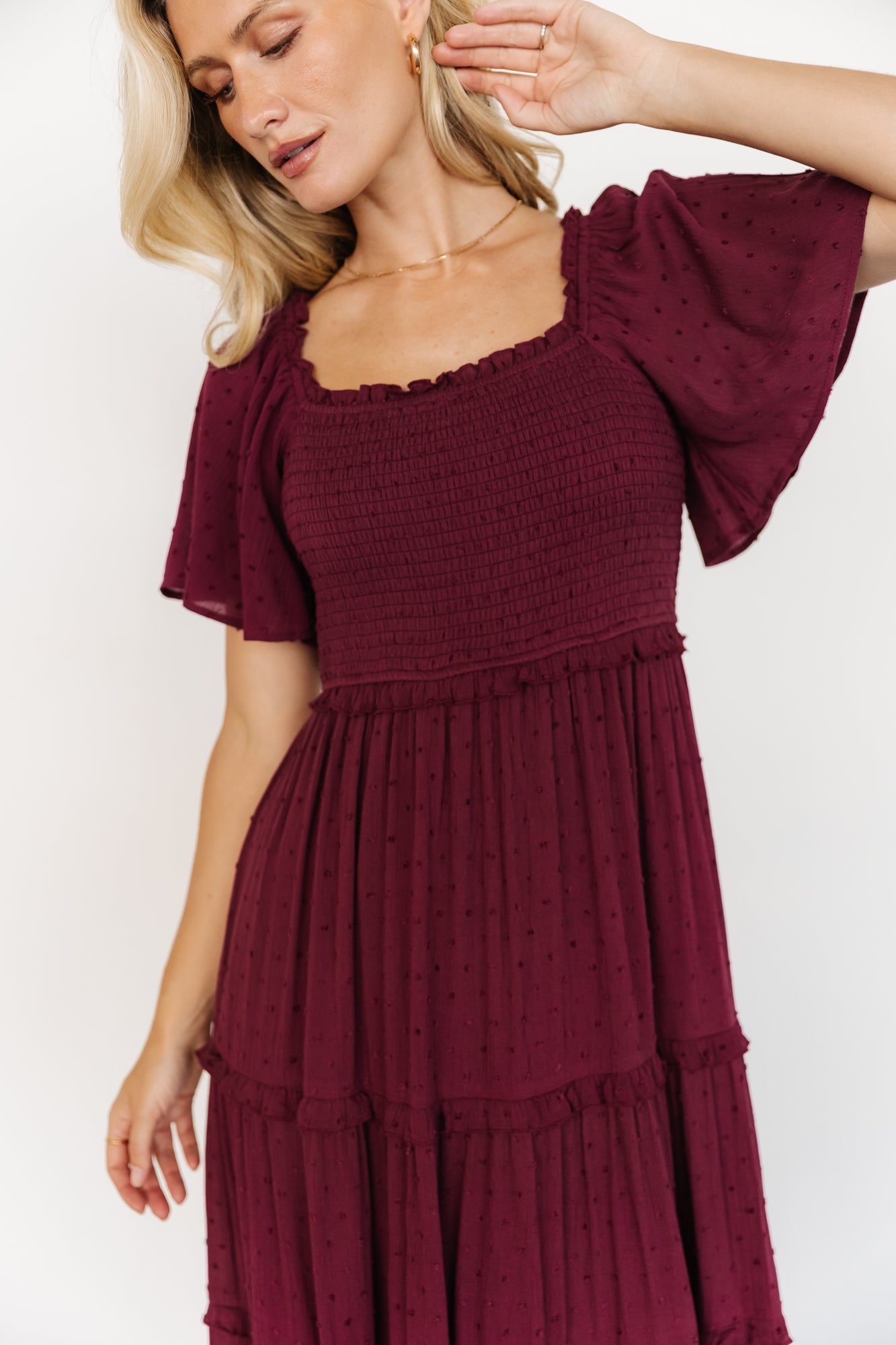 Lenora Smocked Dotted Maxi Dress | Wine – Baltic Born