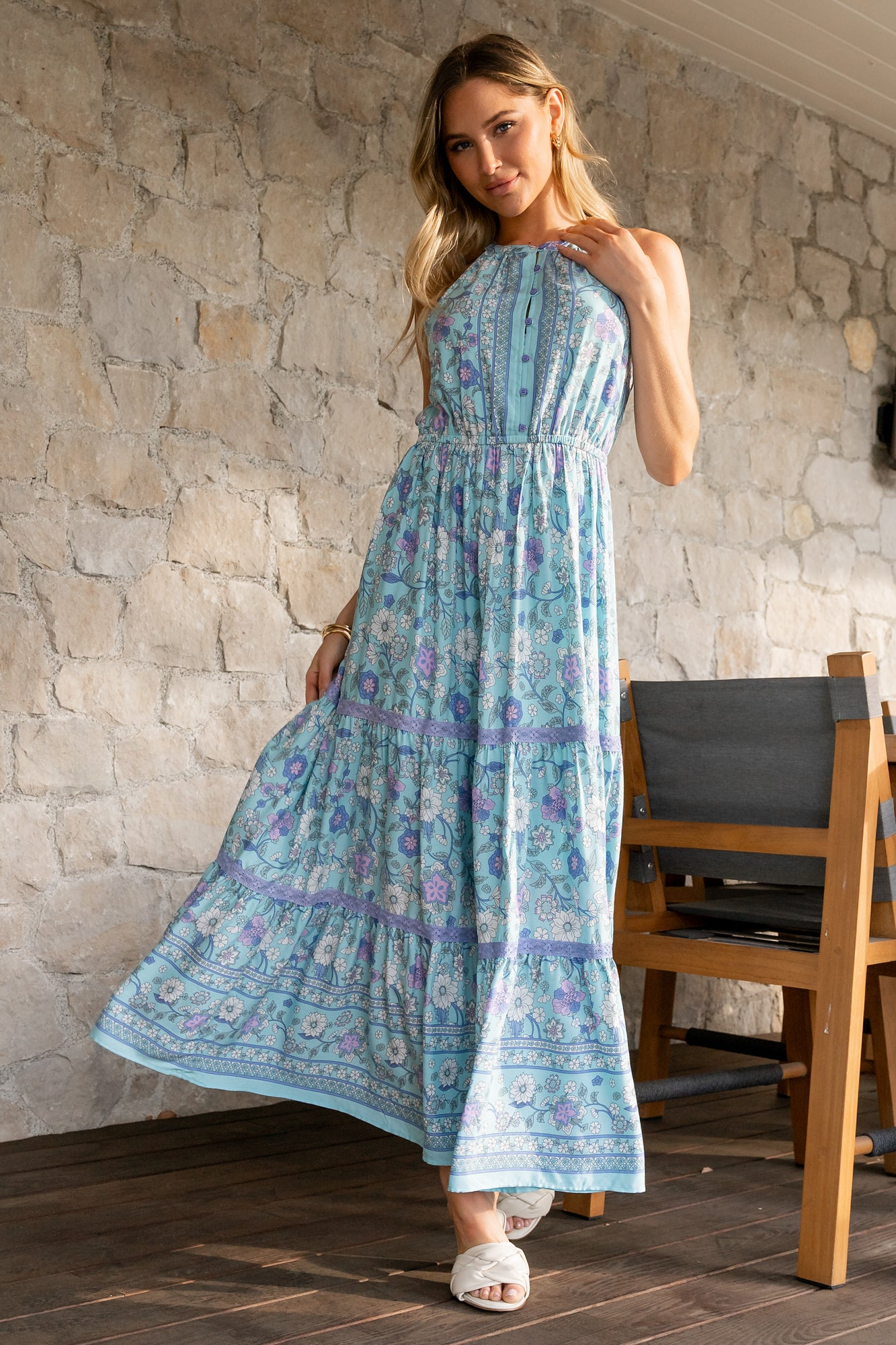 Meline Button Front Maxi Dress | Light Blue Multi – Baltic Born
