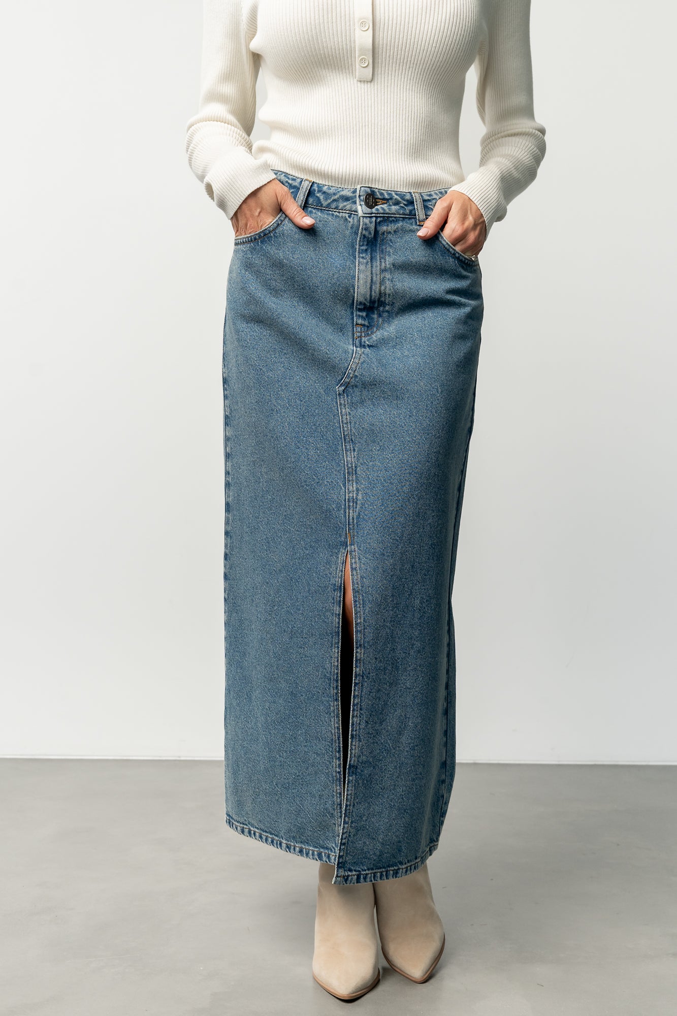 Aleksa Denim Midi Skirt | Medium Wash – Baltic Born