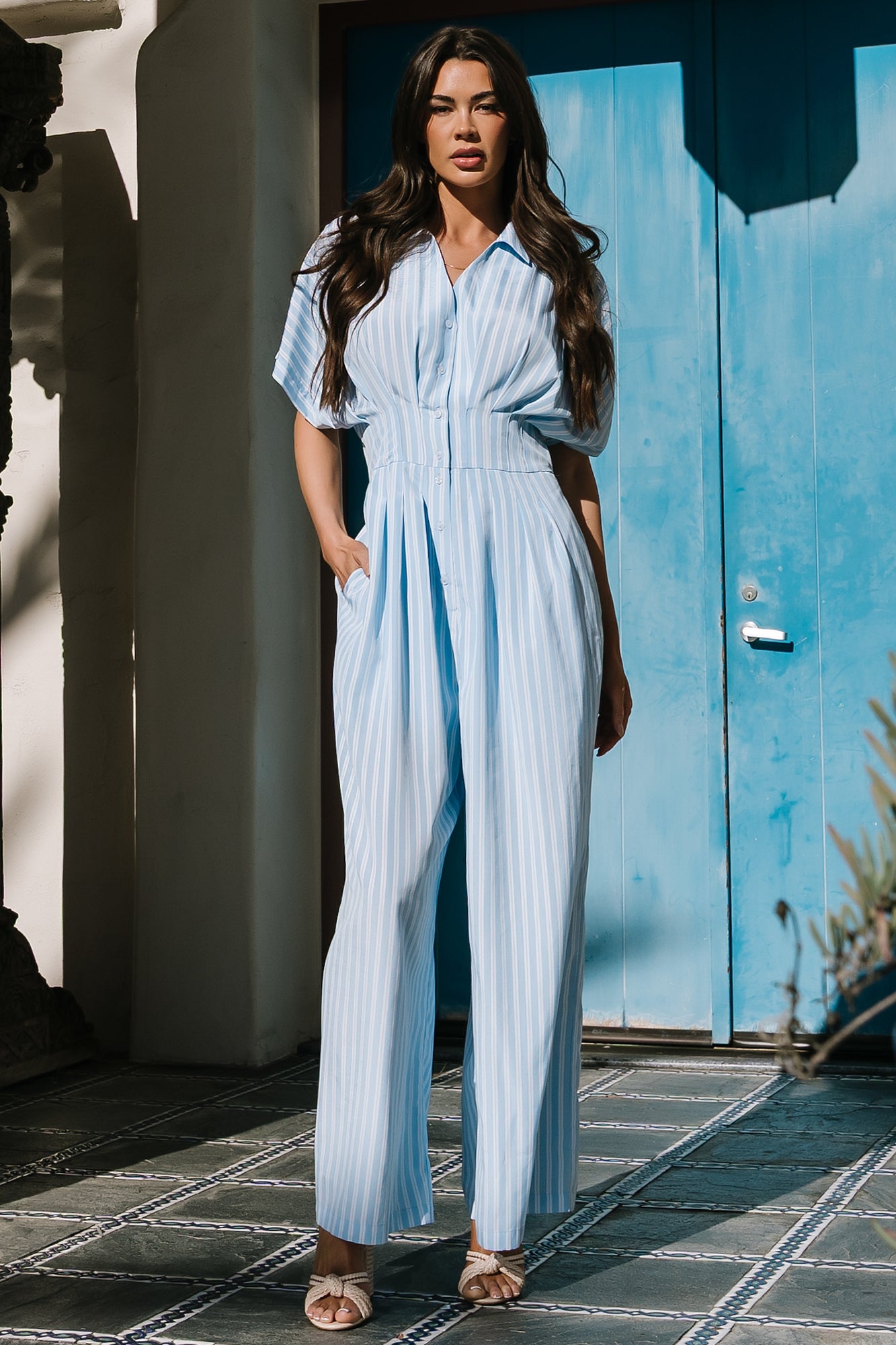 Sariah Jumpsuit — Blue Stripe V-Neck & Pockets | Baltic Born