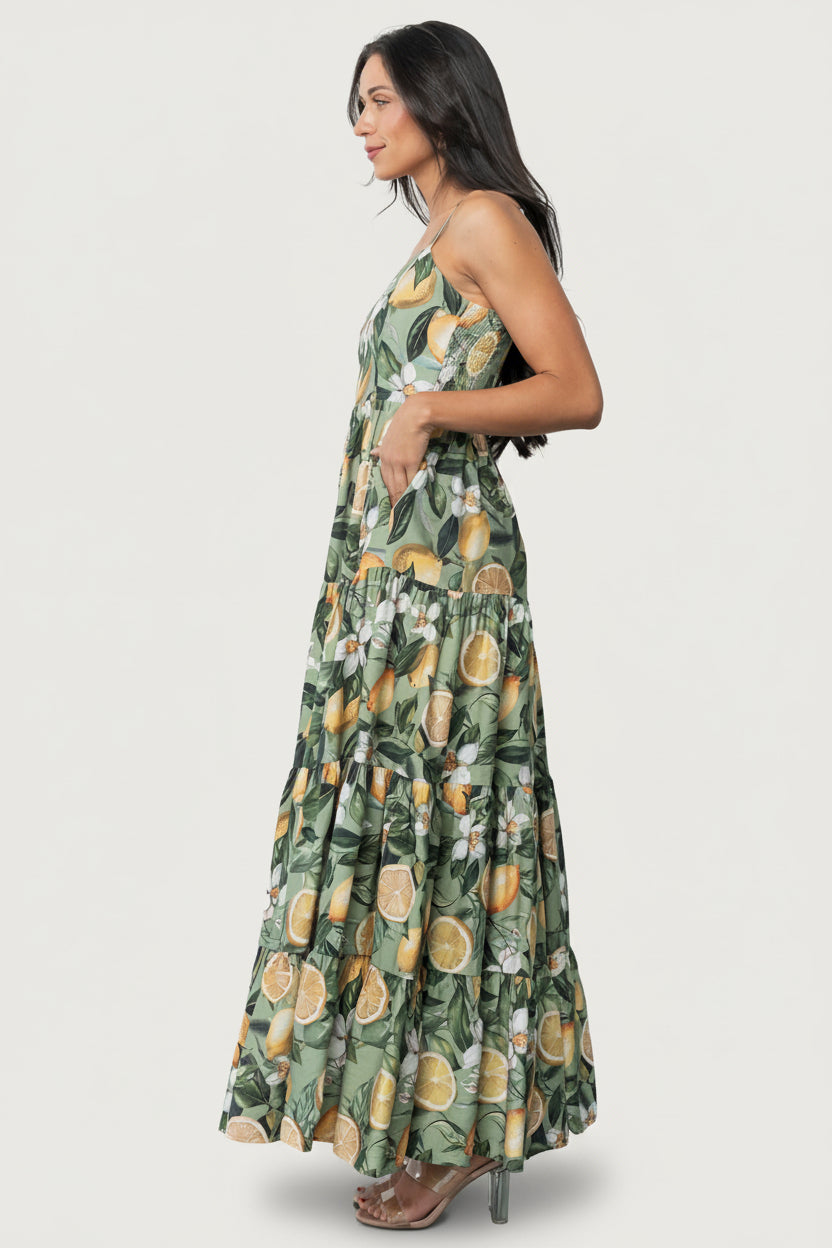 Silvia Tiered Maxi Dress | Sage Lemon Print – Baltic Born