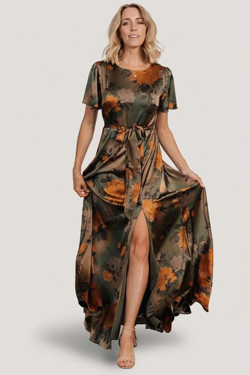 Agnes Satin Maxi Dress | Olive Floral – Baltic Born