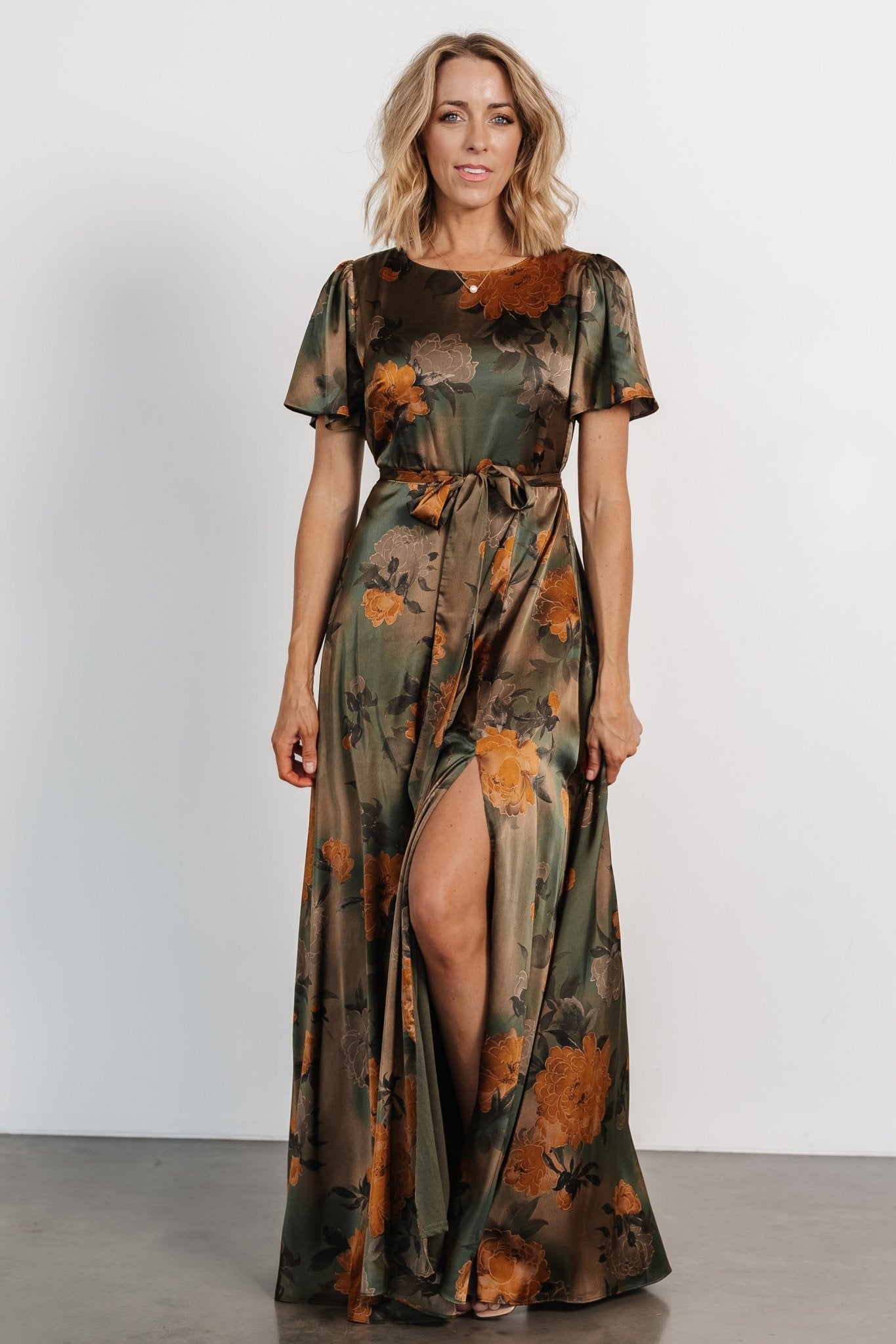 Agnes Satin Maxi Dress | Olive Floral – Baltic Born