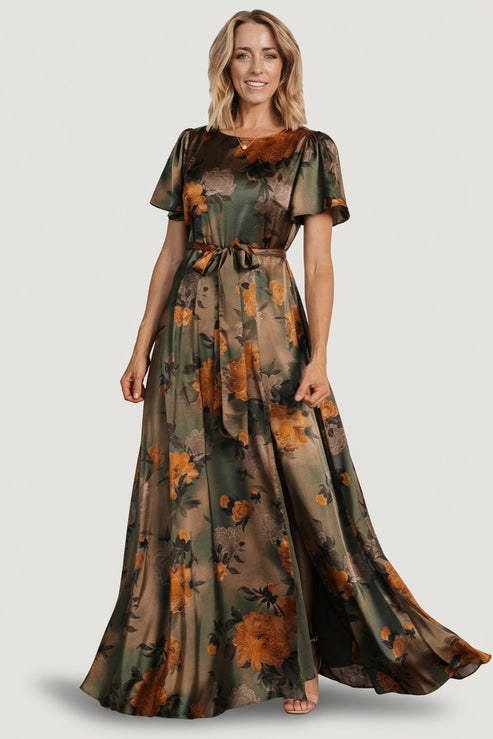 Agnes Satin Maxi Dress | Olive Floral – Baltic Born