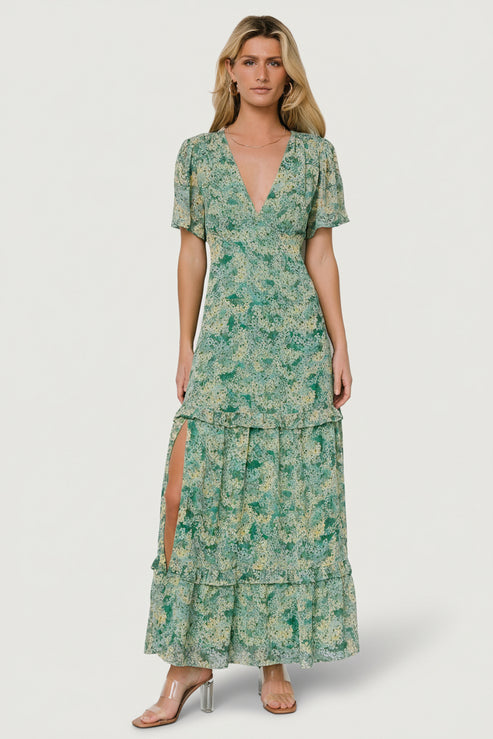 Audrey Deep V Maxi Dress | Green Floral – Baltic Born