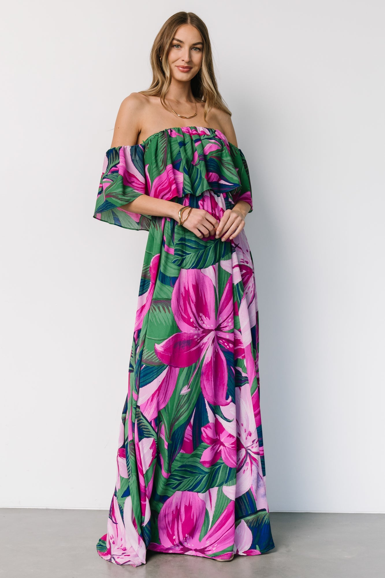Azalea Off Shoulder Maxi Dress | Green + Fuchsia Floral – Baltic Born