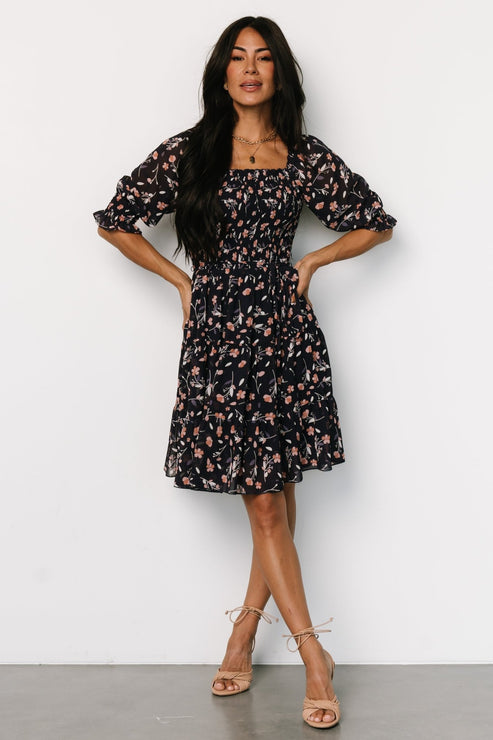 Azlyn Smocked Short Dress | Navy + Pink Floral – Baltic Born