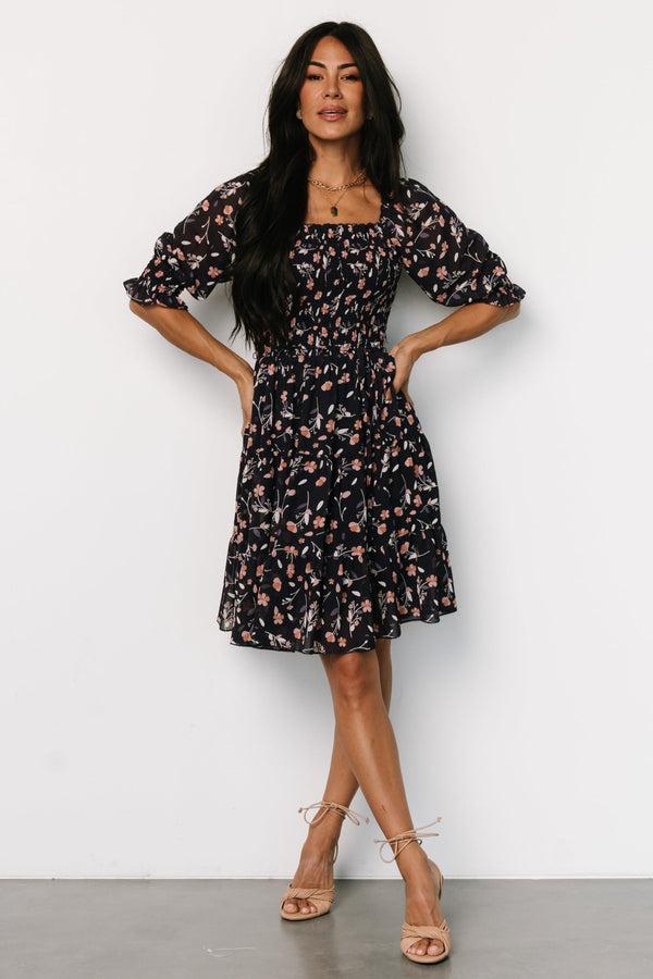Azlyn Smocked Short Dress | Navy + Pink Floral – Baltic Born