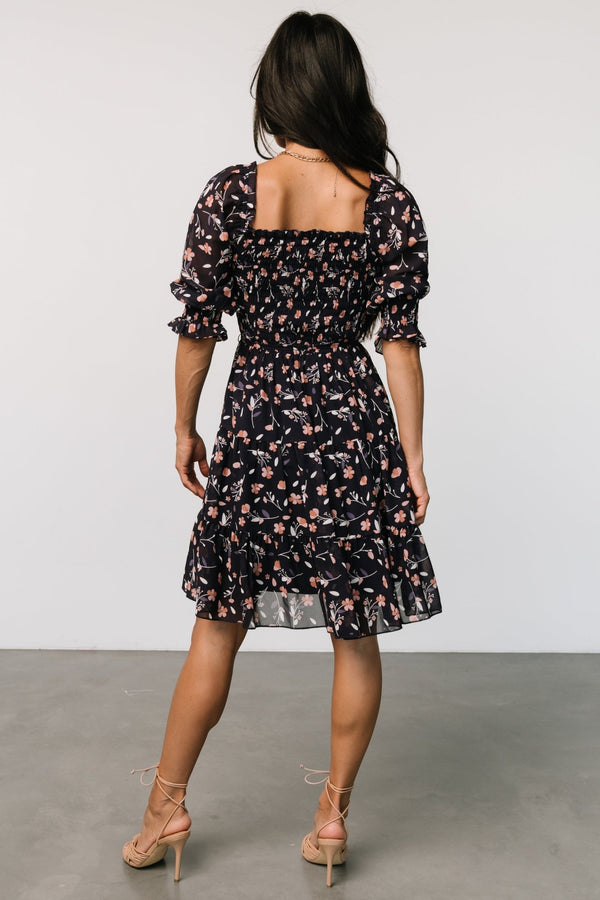 Azlyn Smocked Short Dress | Navy + Pink Floral – Baltic Born