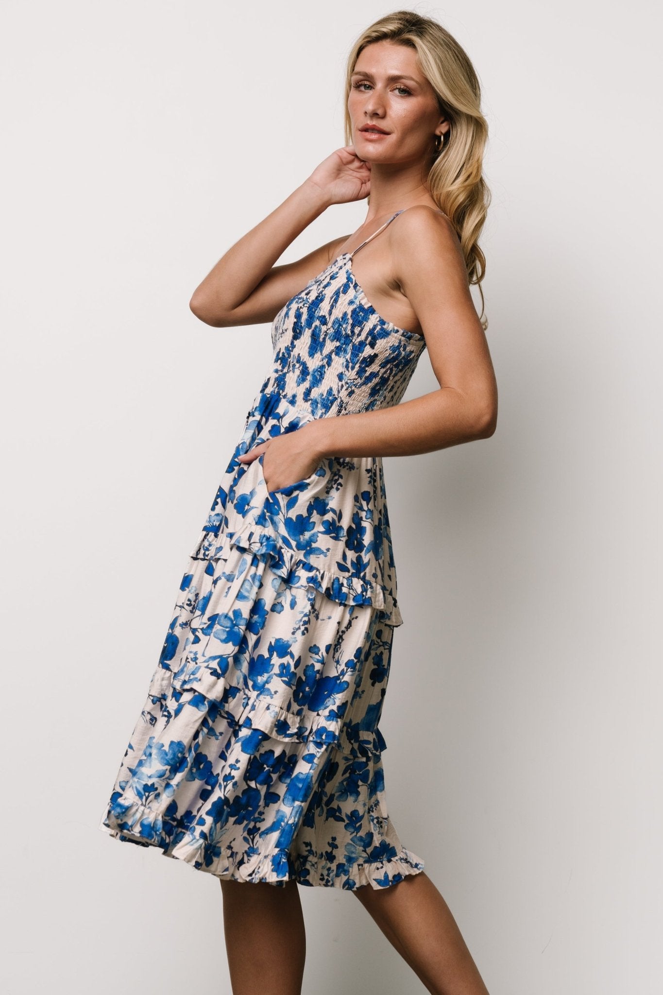 Calina Midi Dress | Ivory + Blue Floral – Baltic Born