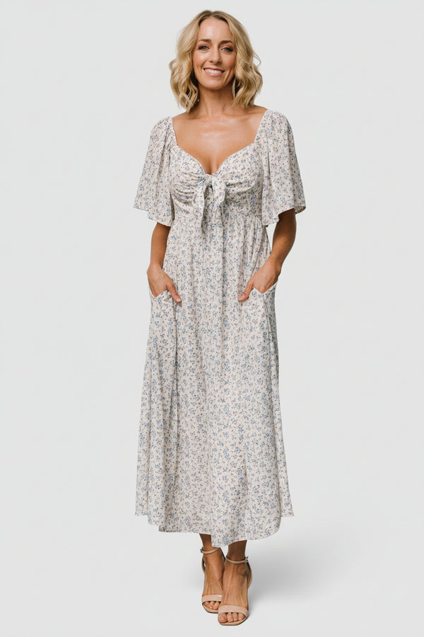 Carah Tie Dress - Off-White & Blue Floral | Baltic Born