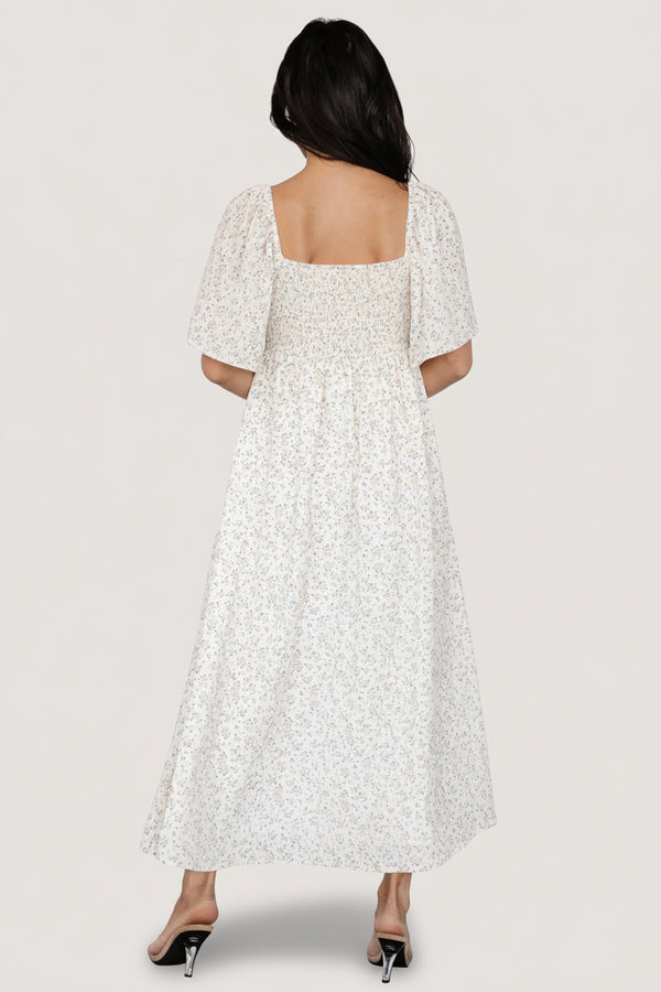 Carah Tie Dress — Off-White Gold Floral Midi | Baltic Born