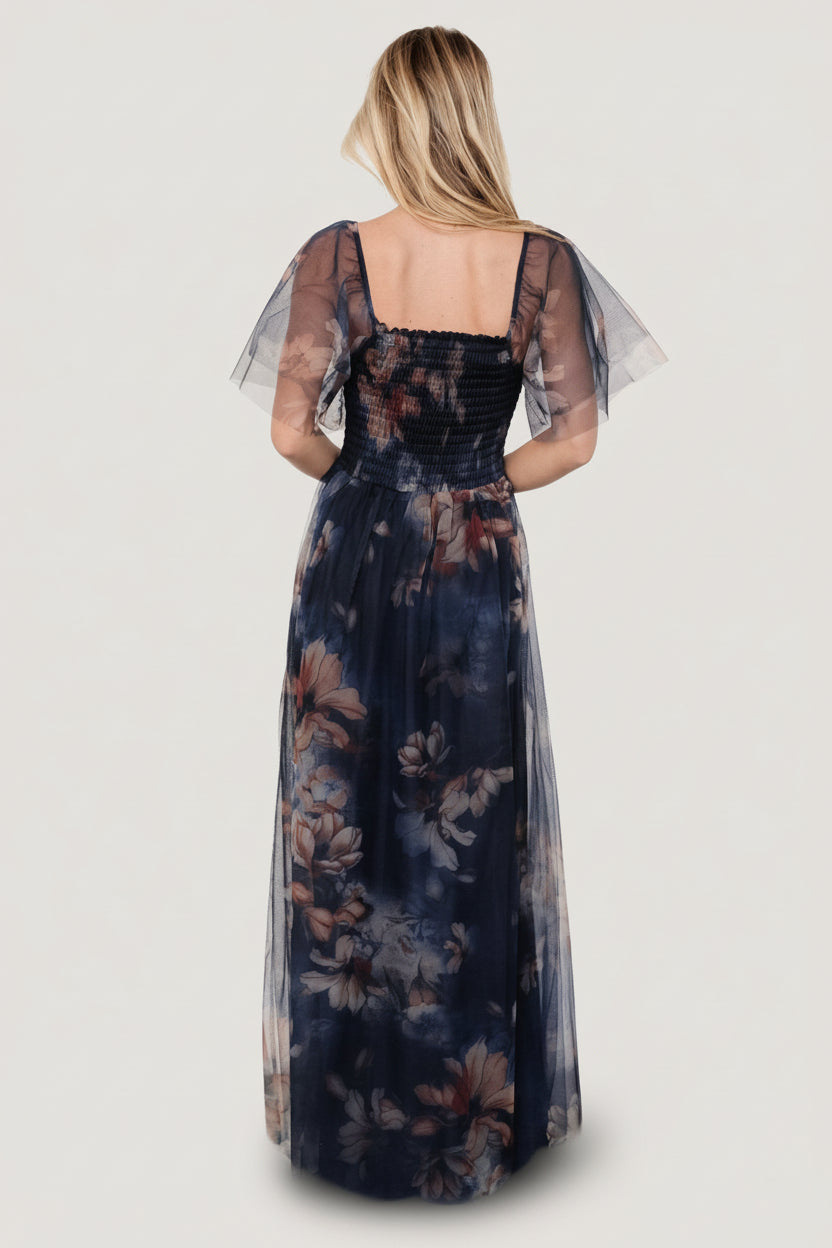 Cassandra Tulle Maxi Dress | Dark Blue Floral – Baltic Born