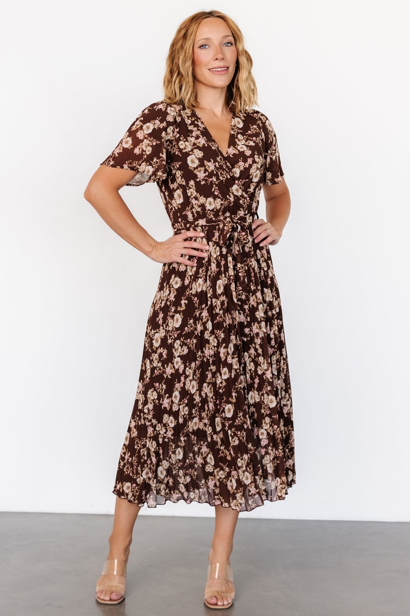 Cassidy Pleated Midi Dress | Brown Floral – Baltic Born