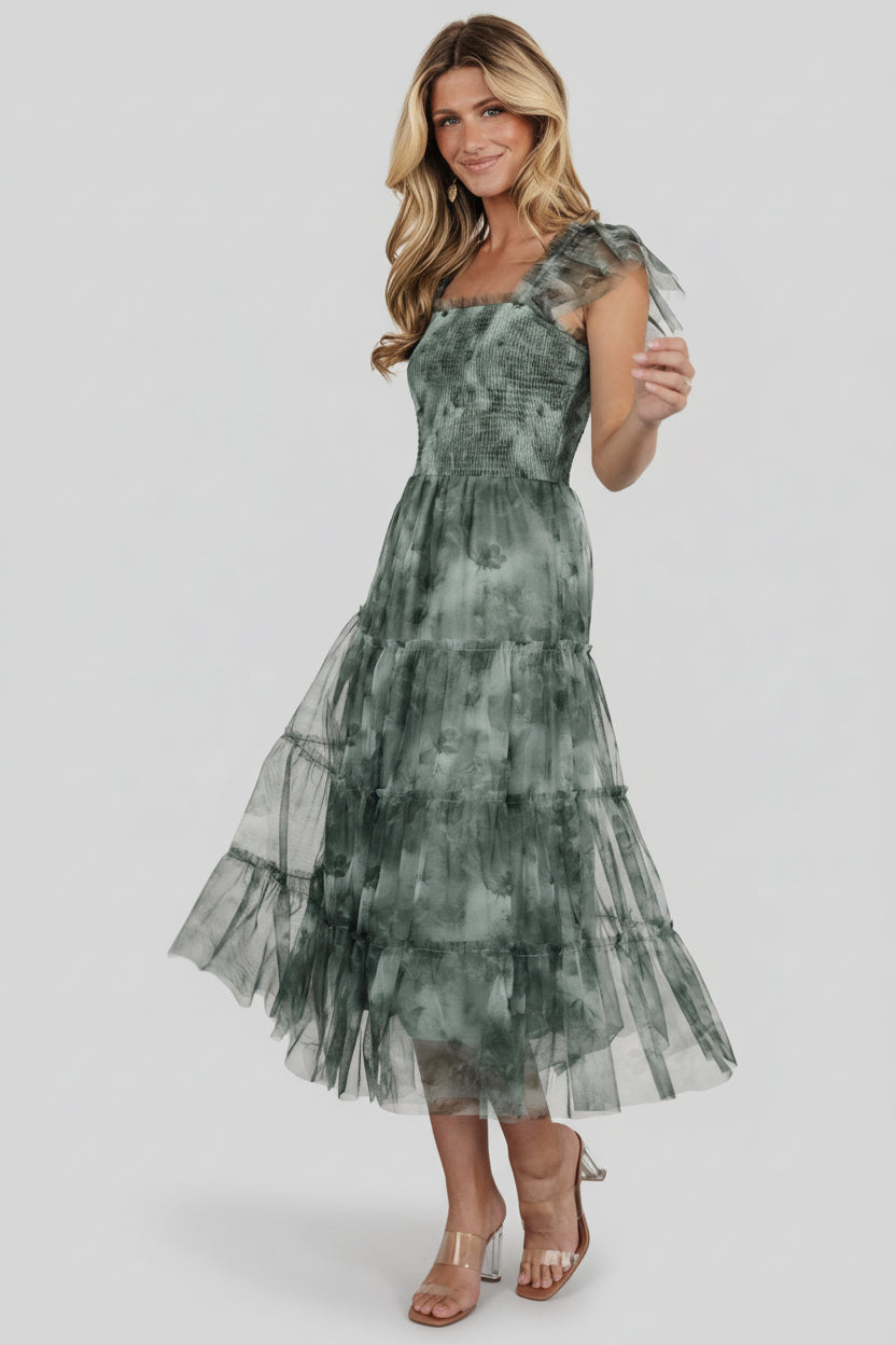 Clementine Tulle Midi Dress | Dusty Green Print – Baltic Born