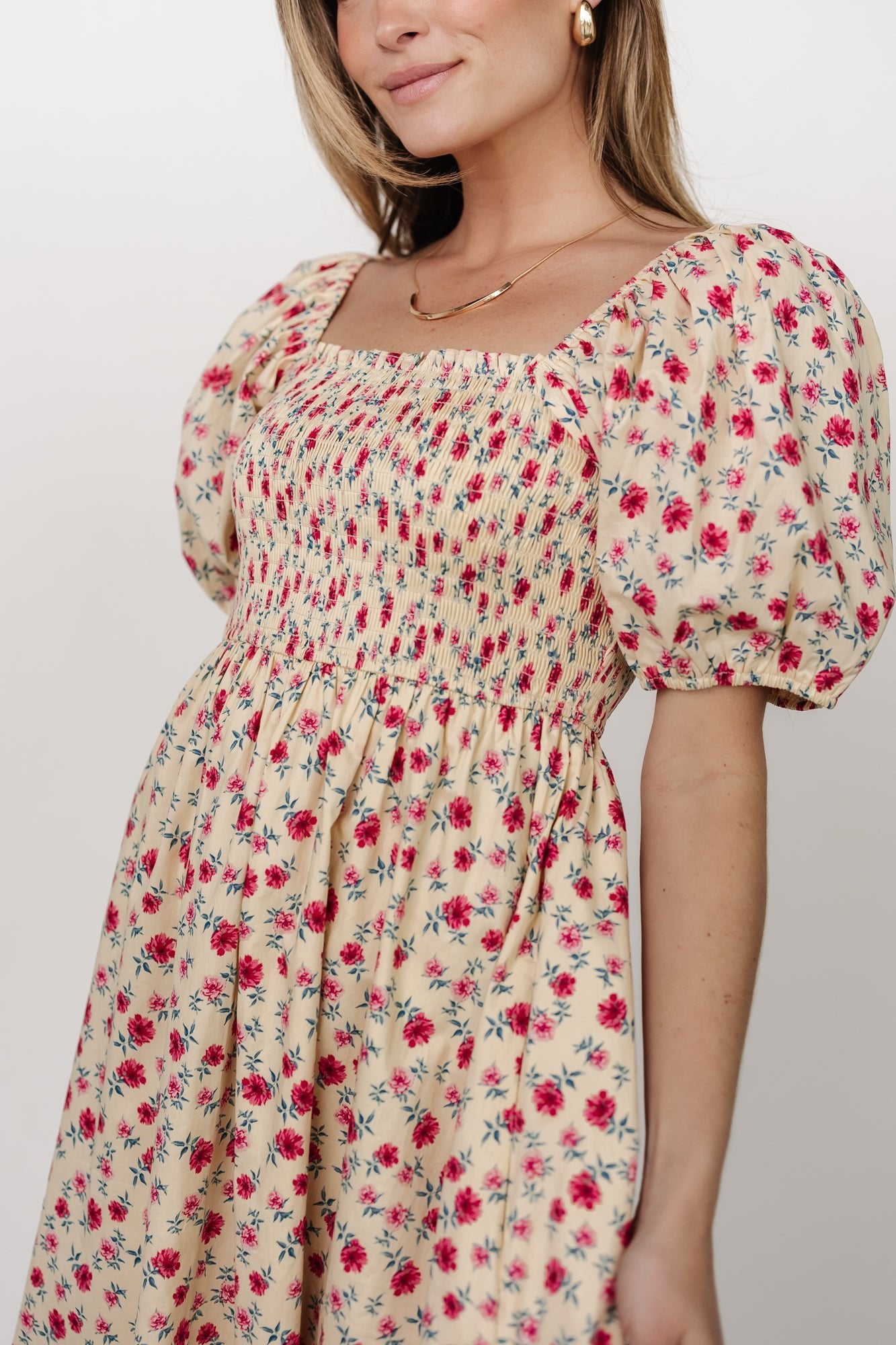 Haddie Smocked Midi Dress | Cream + Rose Floral – Baltic Born