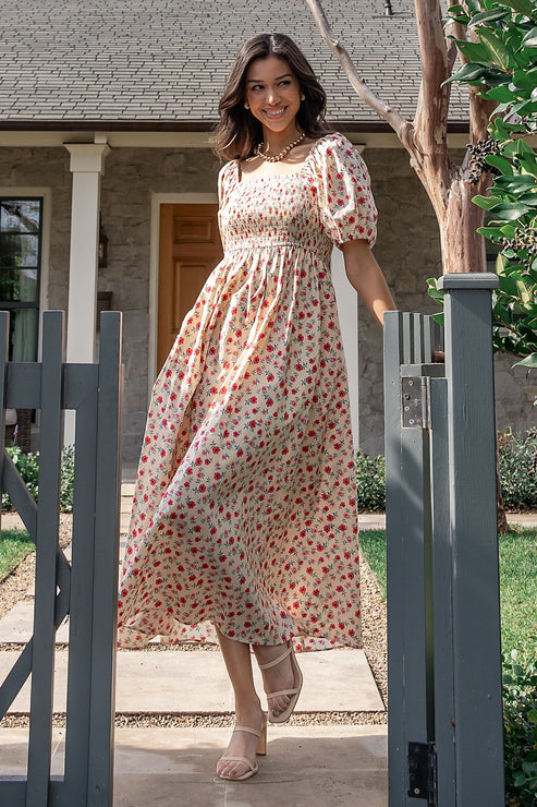 Haddie Smocked Midi Dress — Cream & Rose Floral | Baltic Born