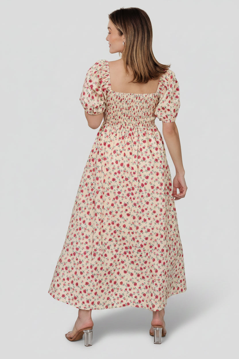 Haddie Smocked Midi Dress | Cream + Rose Floral – Baltic Born