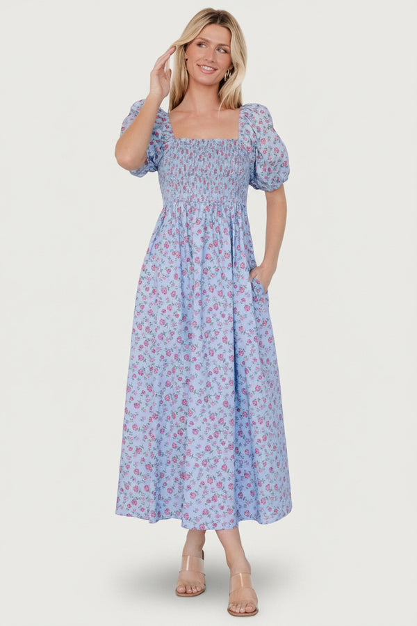 Haddie Smocked Midi Dress — Light Blue Floral | Baltic Born