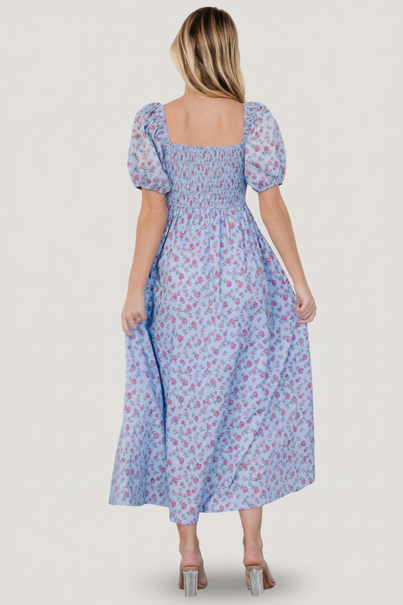 Haddie Smocked Midi Dress | Light Blue + Rose Floral – Baltic Born