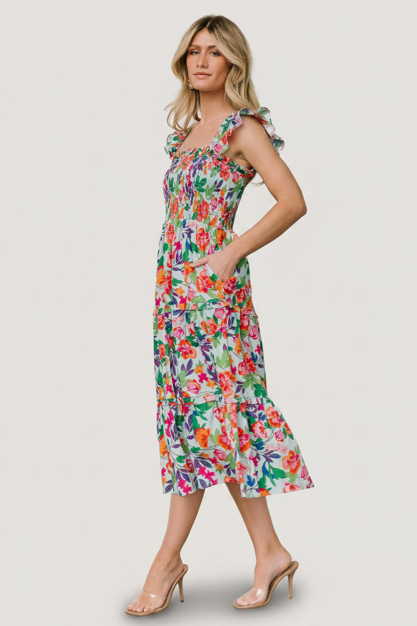 Harper Smocked Midi Dress — Blue Multi Floral | Baltic Born