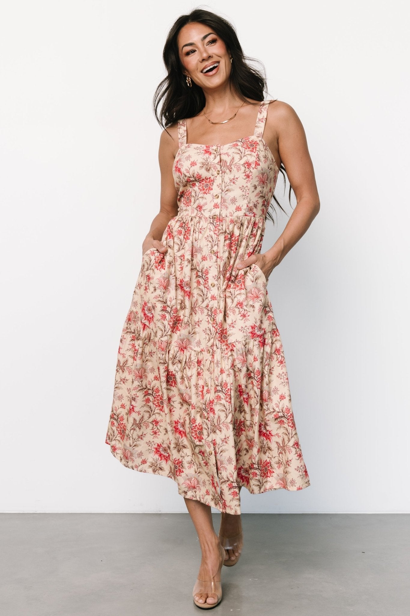 Jules Button Midi Dress | Cream + Pink – Baltic Born