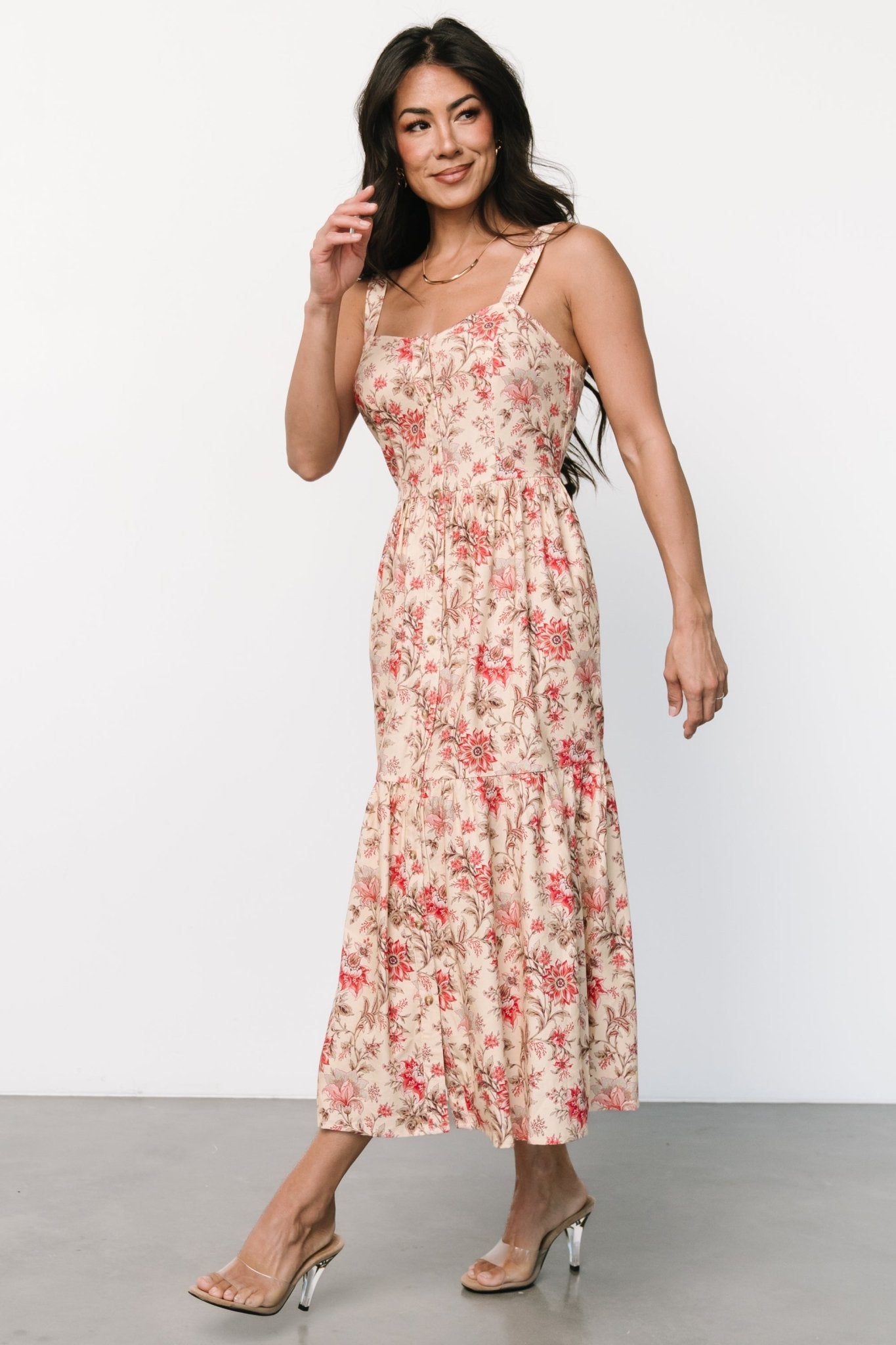 Jules Button Midi Dress | Cream + Pink – Baltic Born