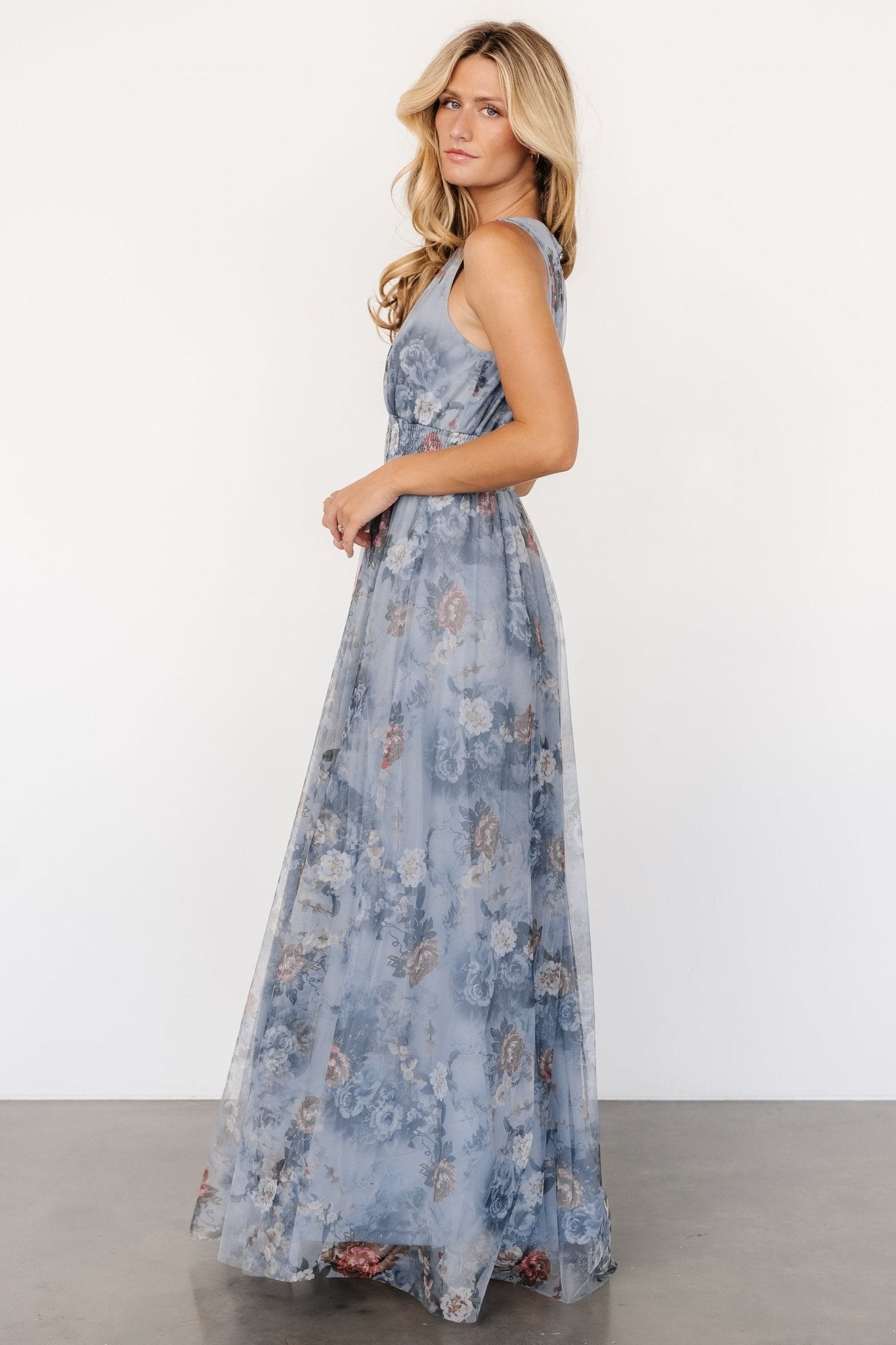 Kamila Tulle Maxi Dress | Dusty Blue Floral | Baltic Born