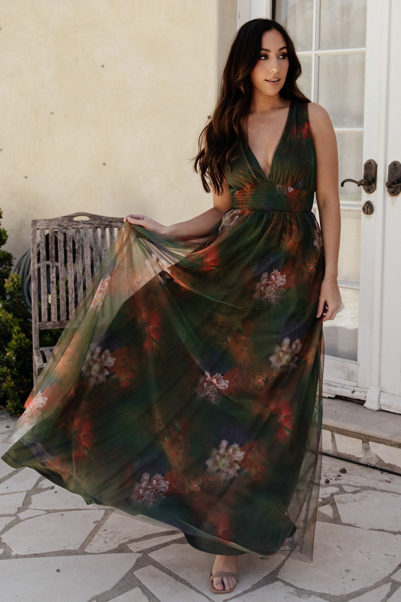 Kamila Tulle Maxi Dress | Olive Multi Floral – Baltic Born