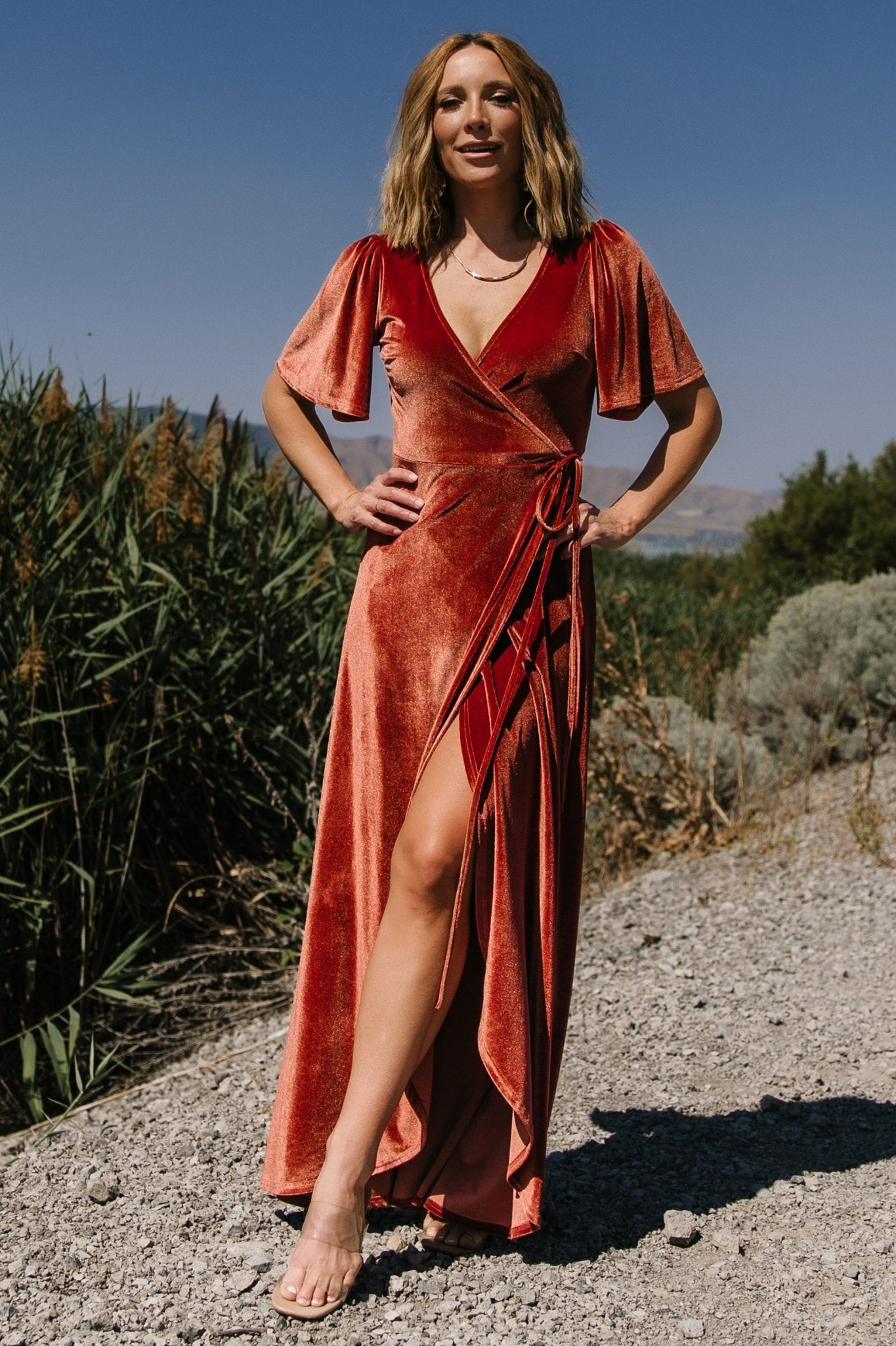 Katelyn Velvet Maxi Wrap Dress | Cinnamon – Baltic Born