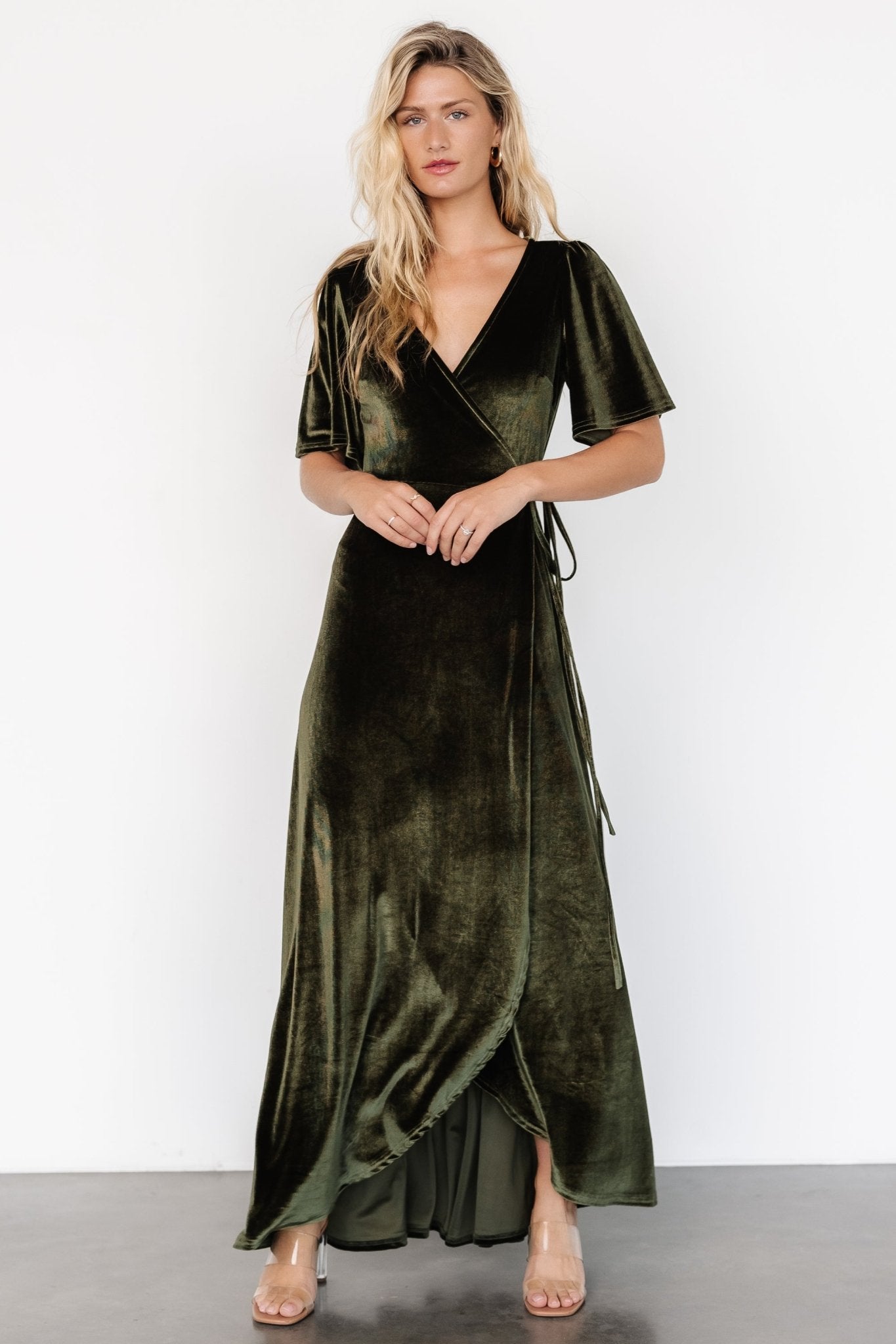 Katelyn Velvet Maxi Wrap Dress | Dark Olive – Baltic Born