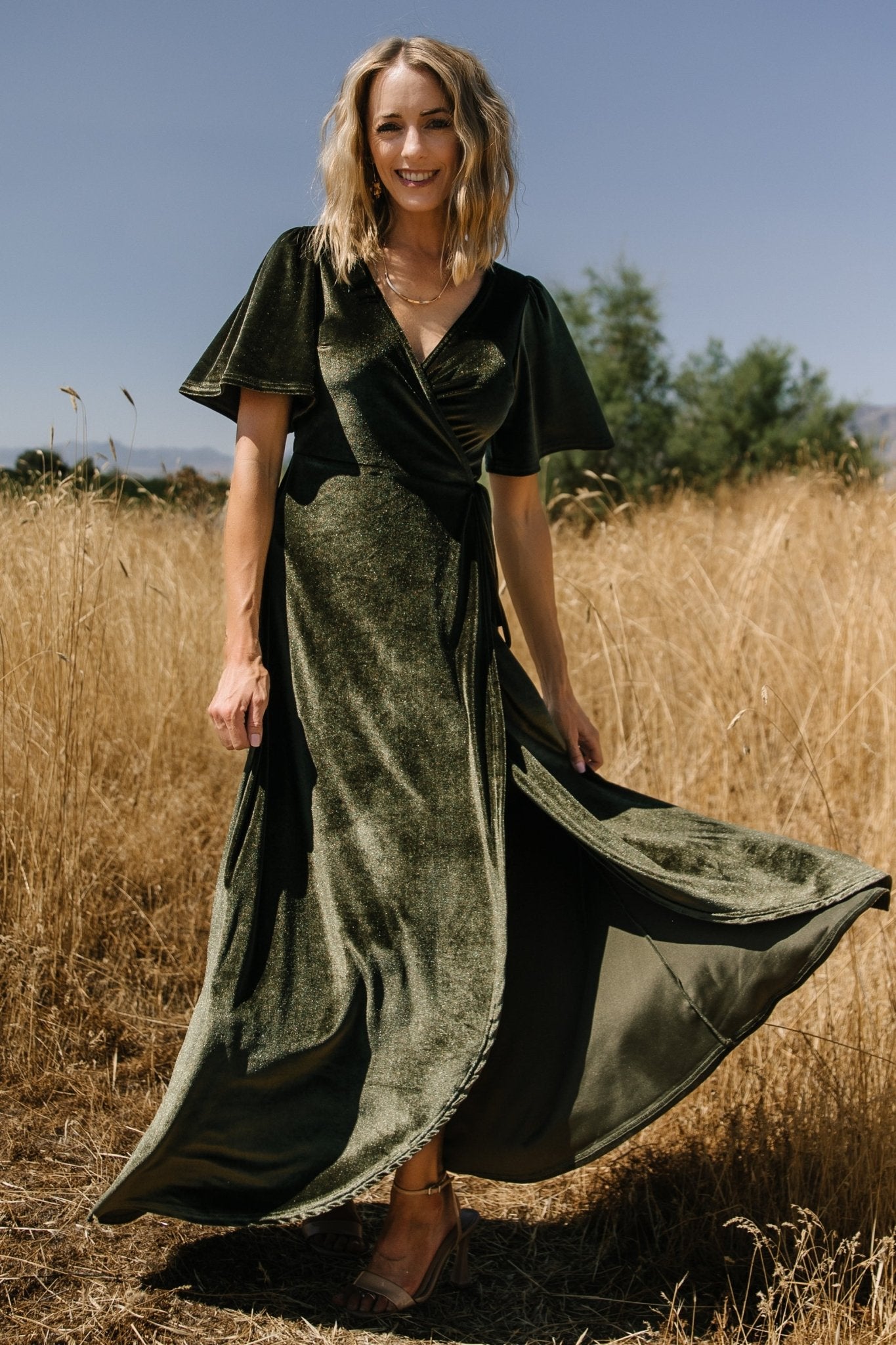 Katelyn Velvet Maxi Wrap Dress | Dark Olive – Baltic Born