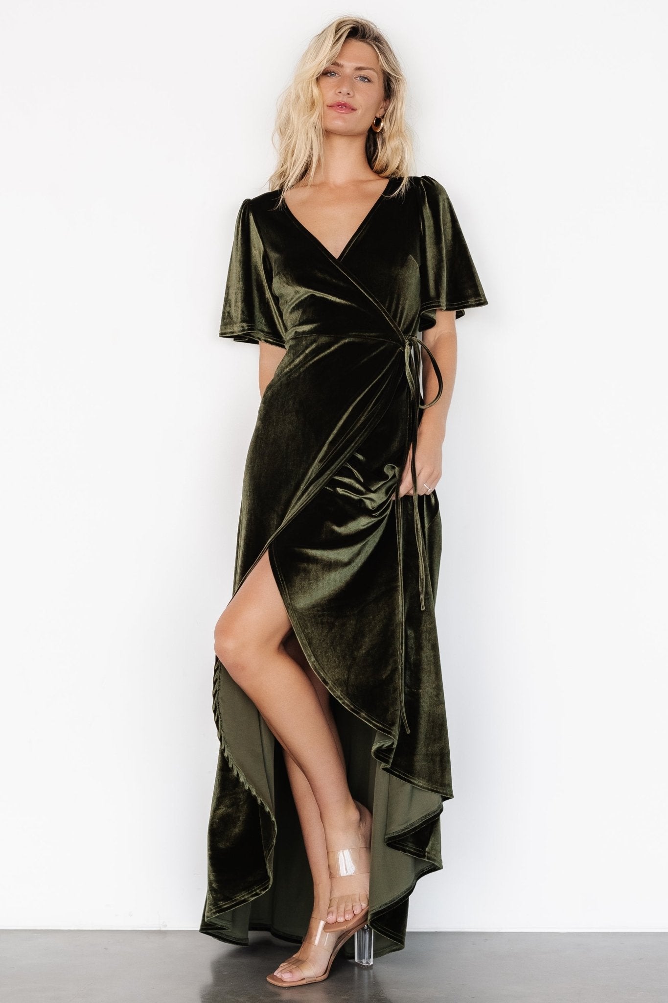 Katelyn Velvet Maxi Wrap Dress | Dark Olive – Baltic Born