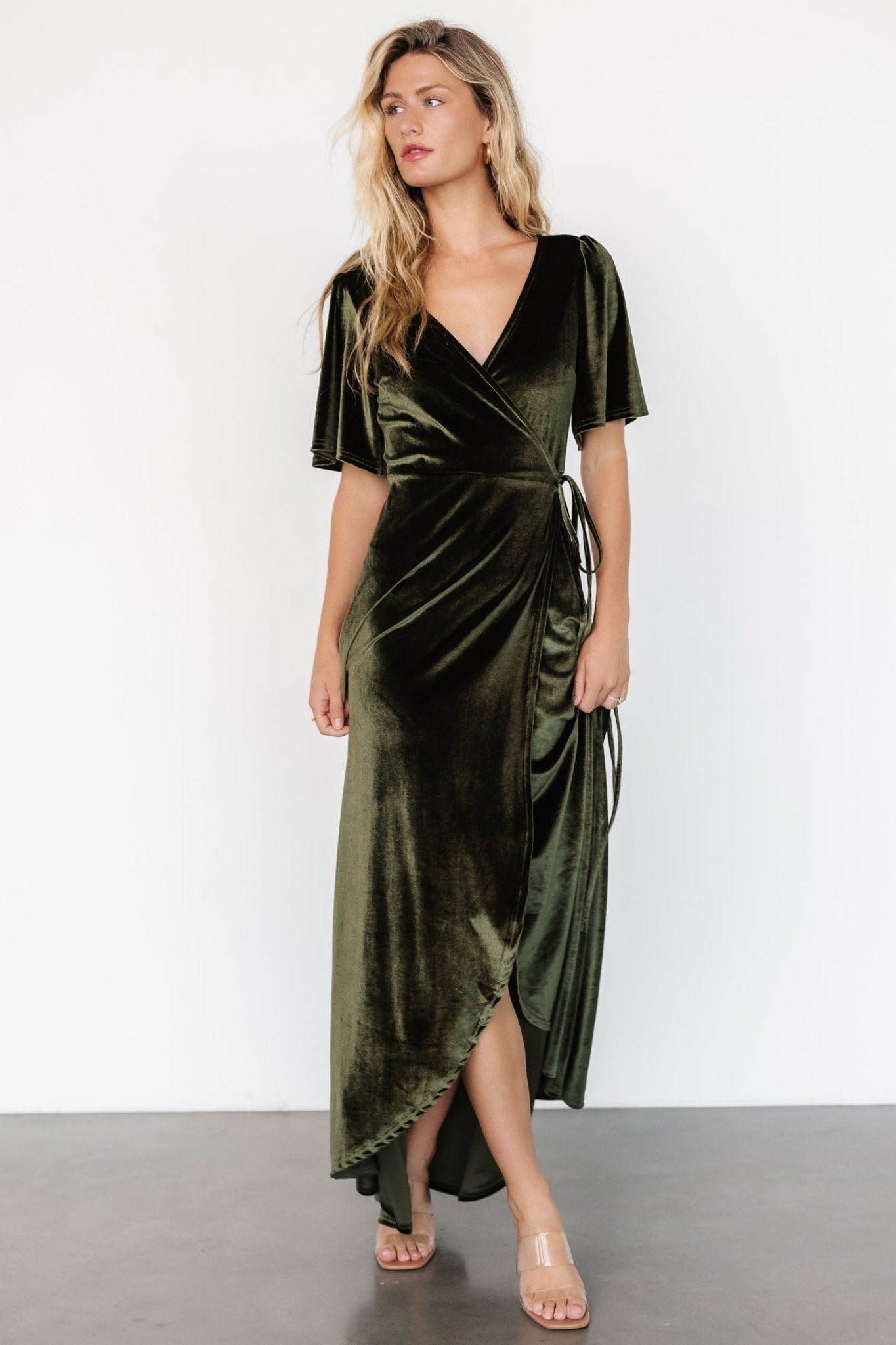 Katelyn Velvet Maxi Wrap Dress | Dark Olive – Baltic Born