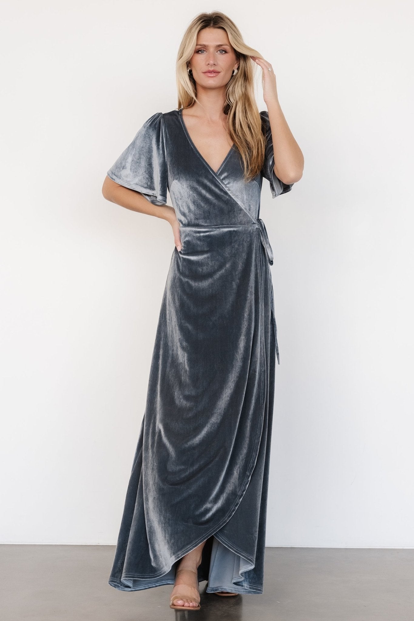 Katelyn Velvet Maxi Wrap Dress | Dusty Blue – Baltic Born