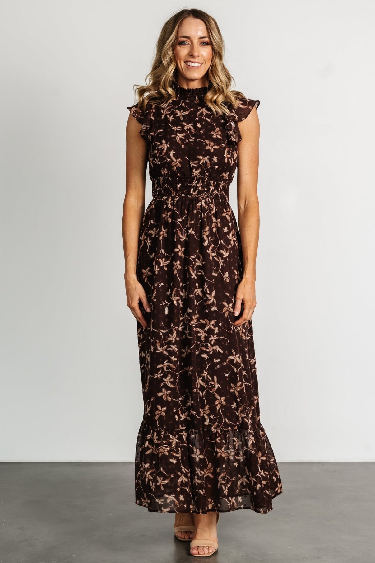 Kearny Ruffle Maxi Dress, Brown + Natural | Baltic Born