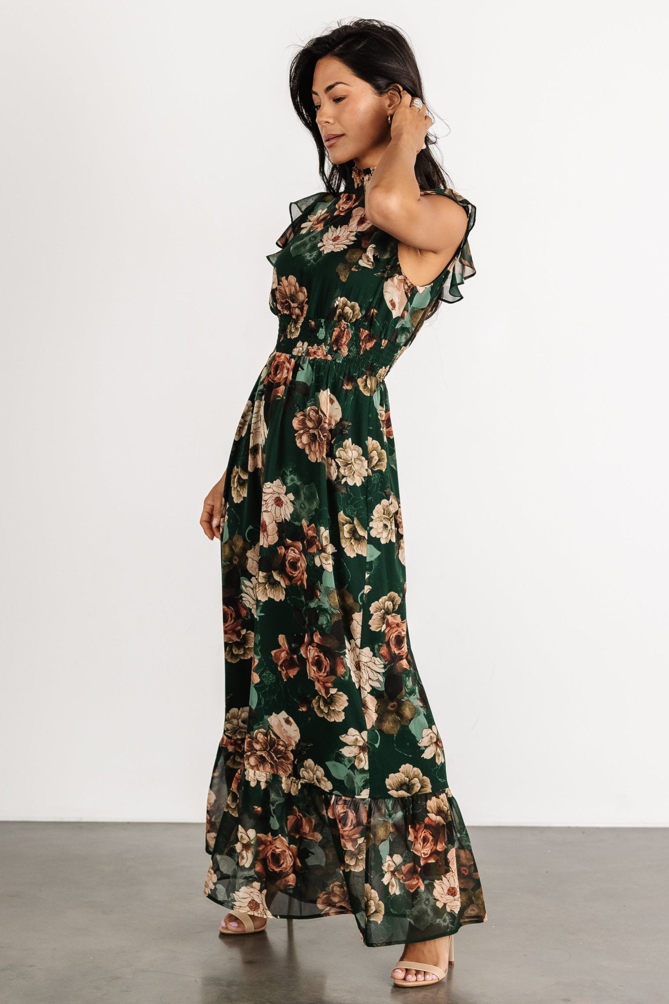 Kearny Ruffle Maxi Dress | Dark Green Floral | Baltic Born