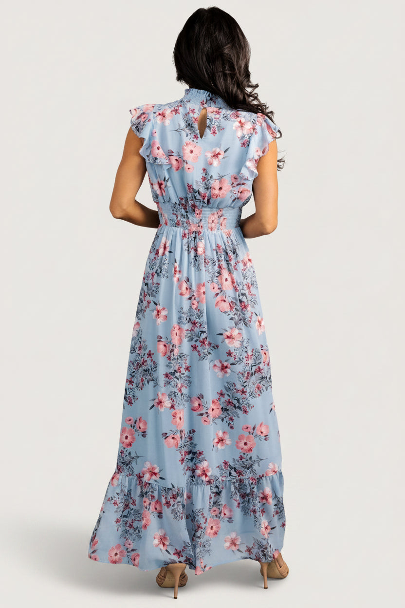 Kearny Ruffle Maxi Dress — Light Blue + Blush | Baltic Born