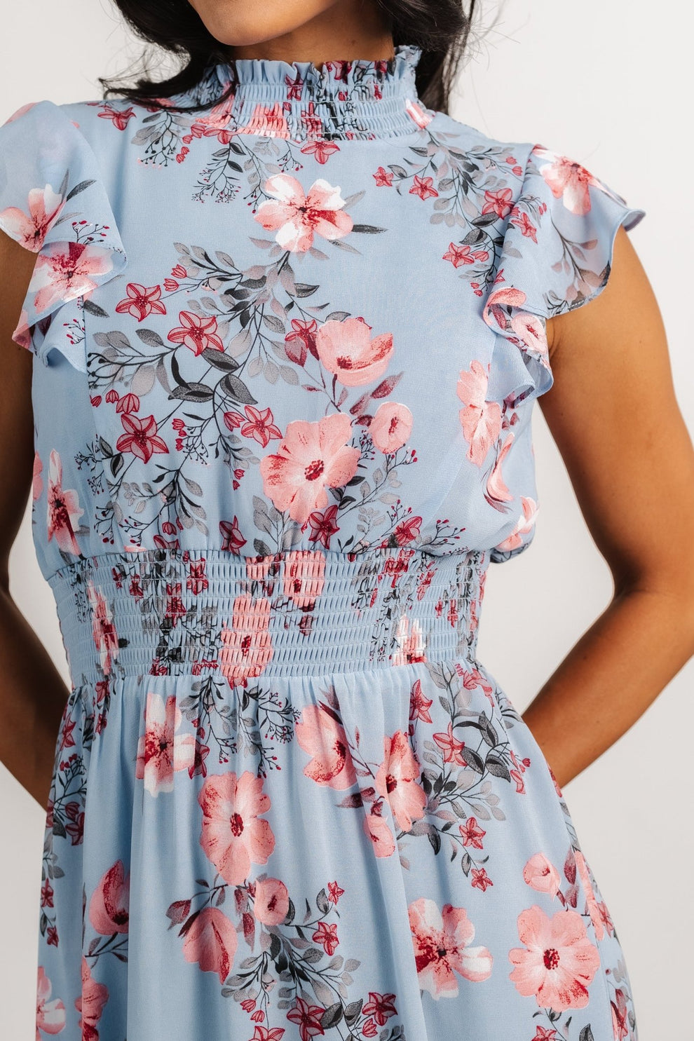 Kearny Ruffle Maxi Dress — Light Blue + Blush | Baltic Born