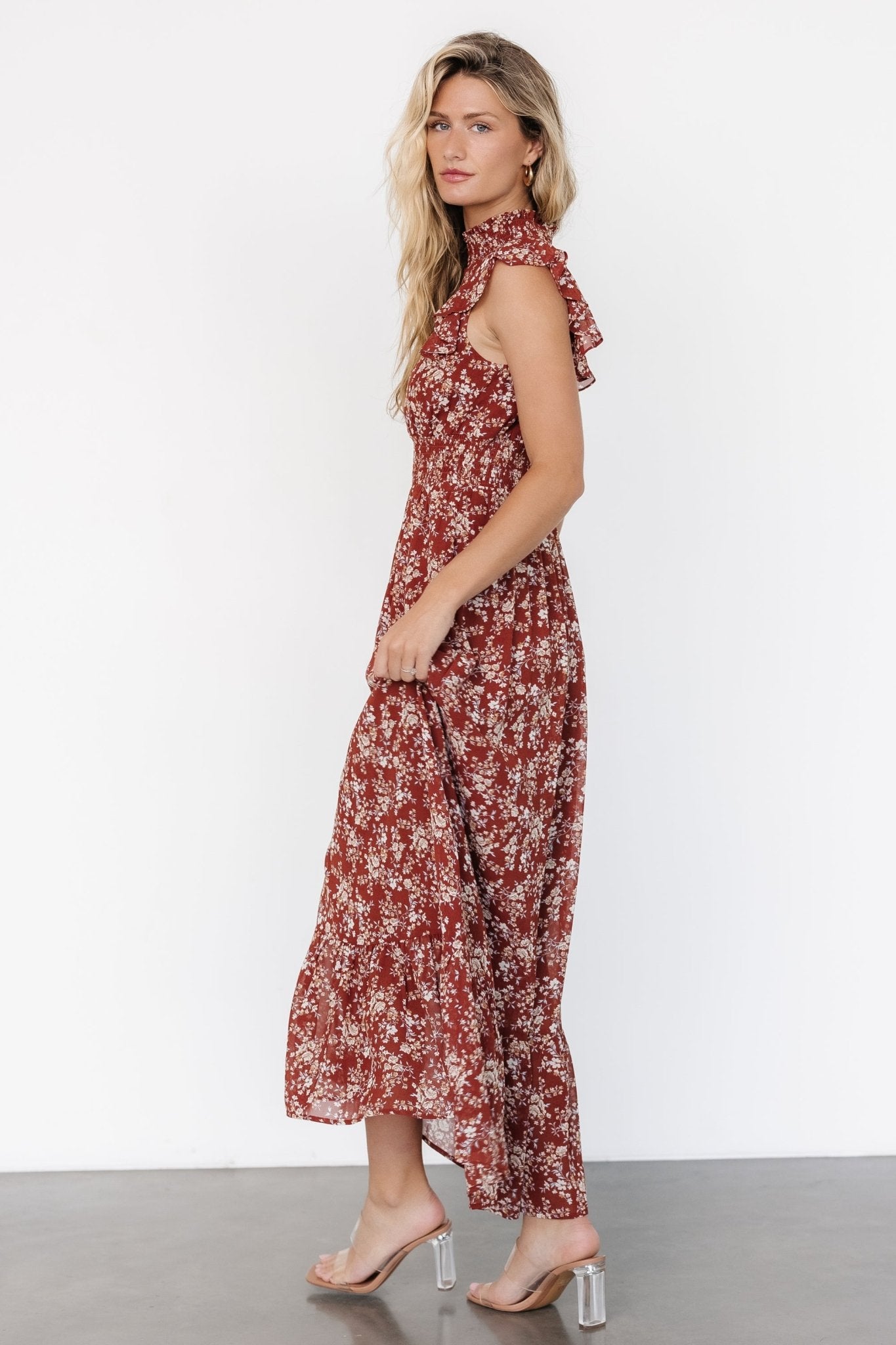 Kearny Ruffle Maxi Dress | Rust Print | Baltic Born