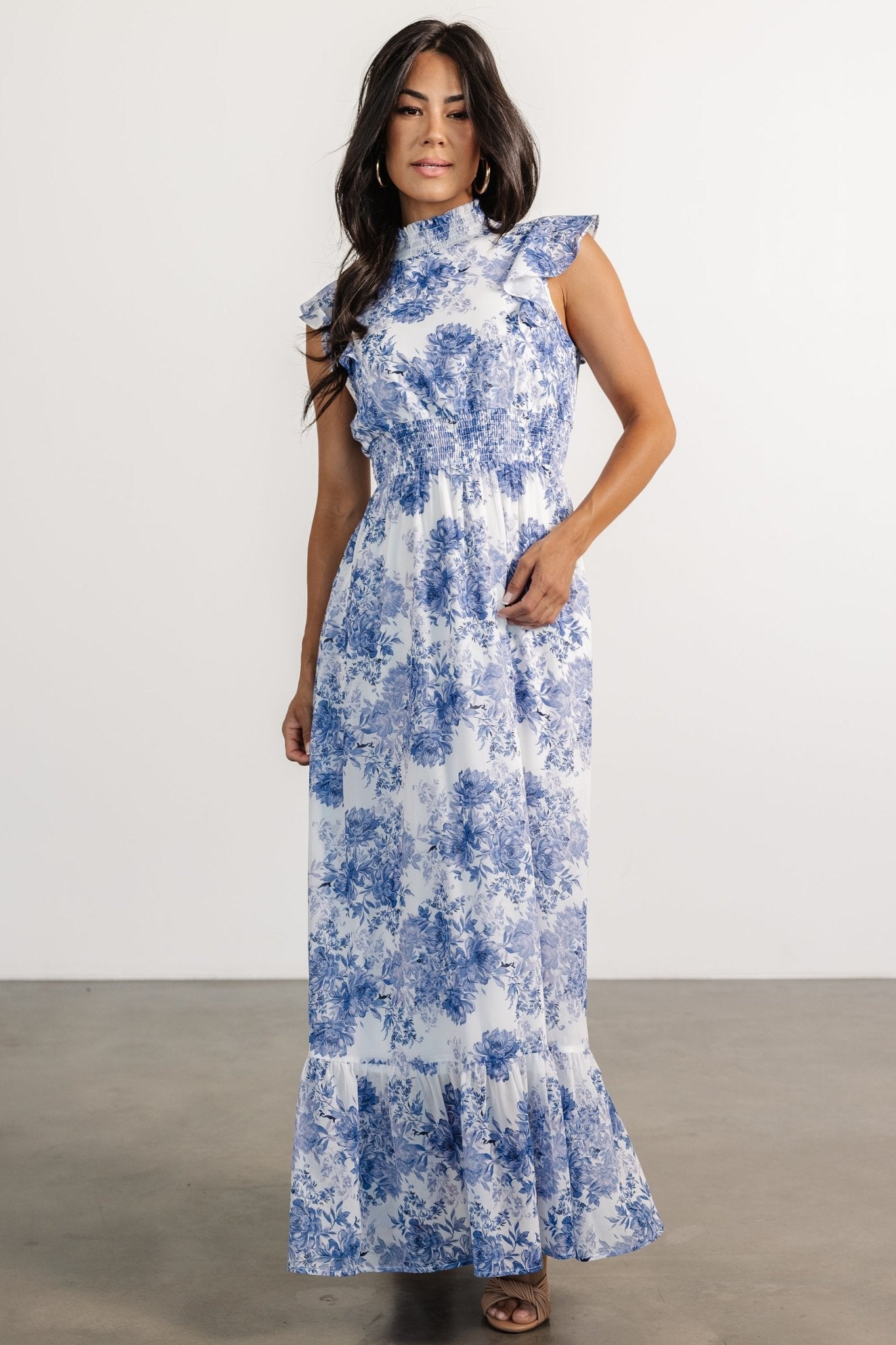 Kearny Ruffle Maxi Dress | White + Blue Floral | Baltic Born