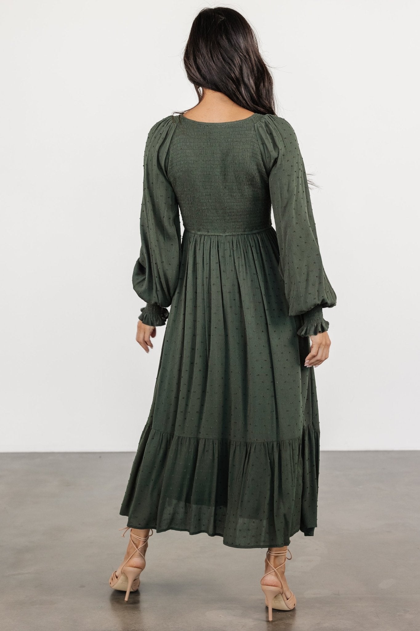 Lainey Smocked Dotted Midi Dress | Deep Olive | Baltic Born