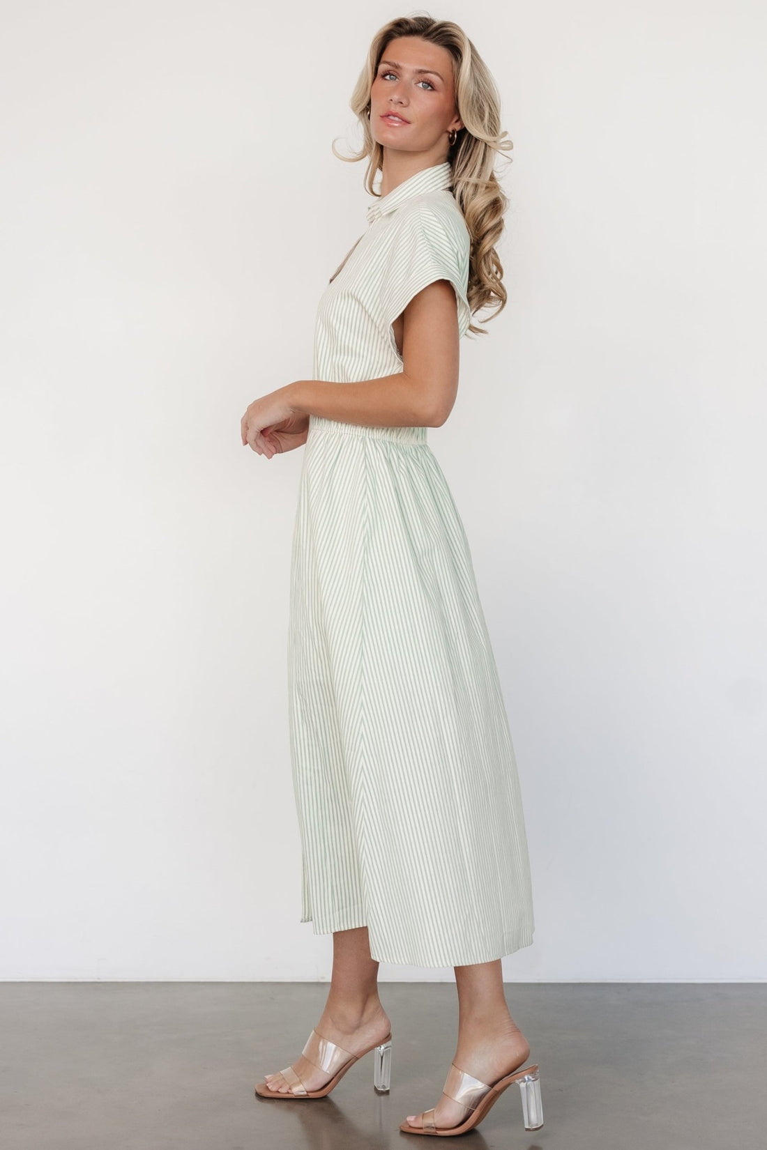 Larah Button Midi Dress - Sage Stripe | Baltic Born