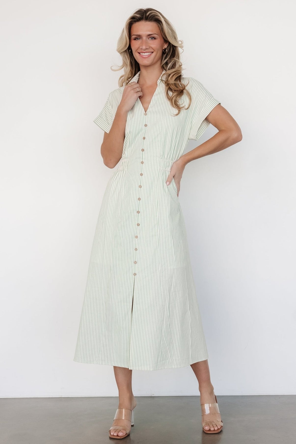 Larah Button Midi Dress - Sage Stripe | Baltic Born