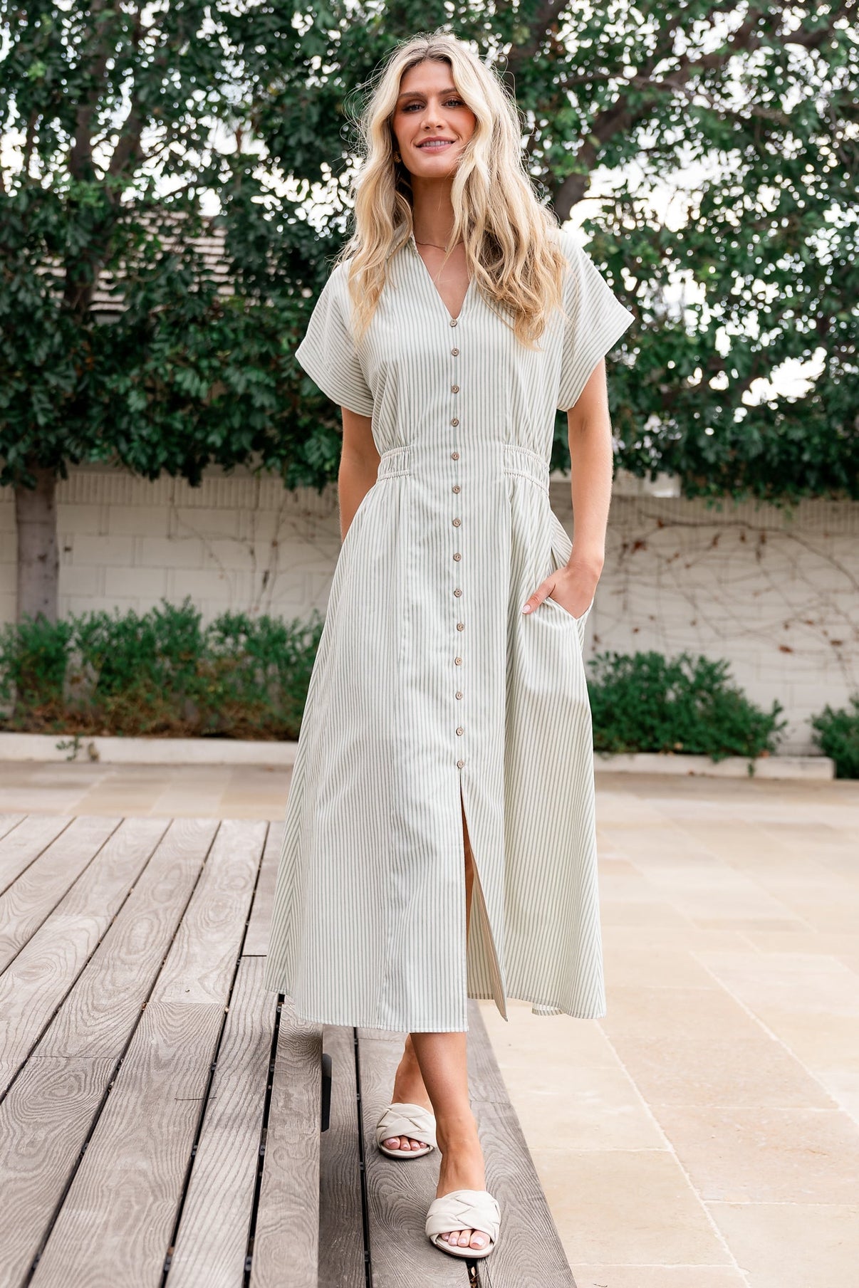Larah Button Midi Dress - Sage Stripe | Baltic Born