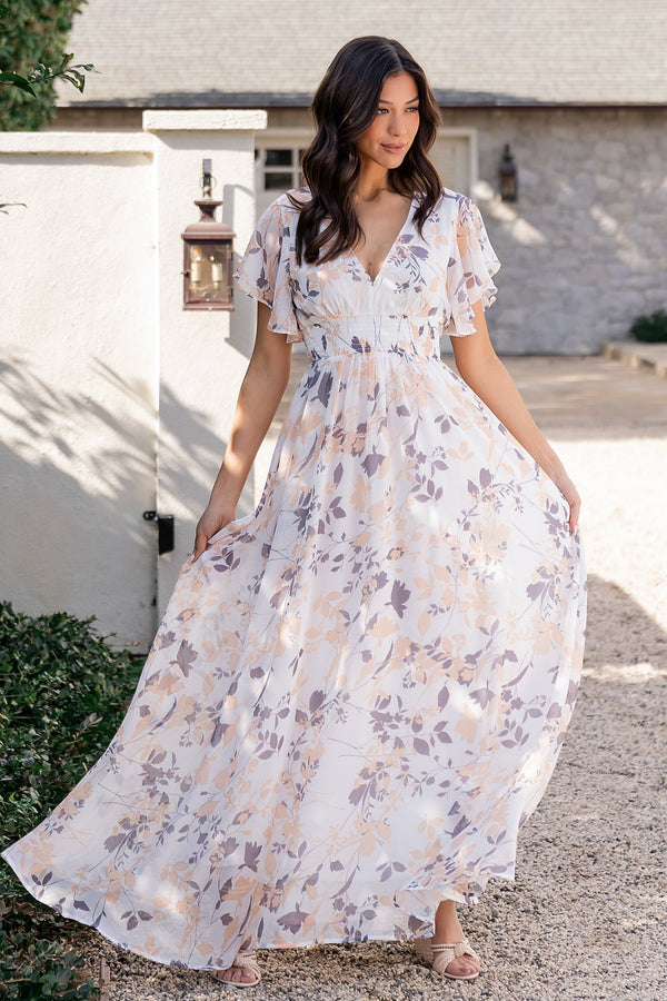 Lynlee Metallic Maxi Dress — Off White Print | Baltic Born