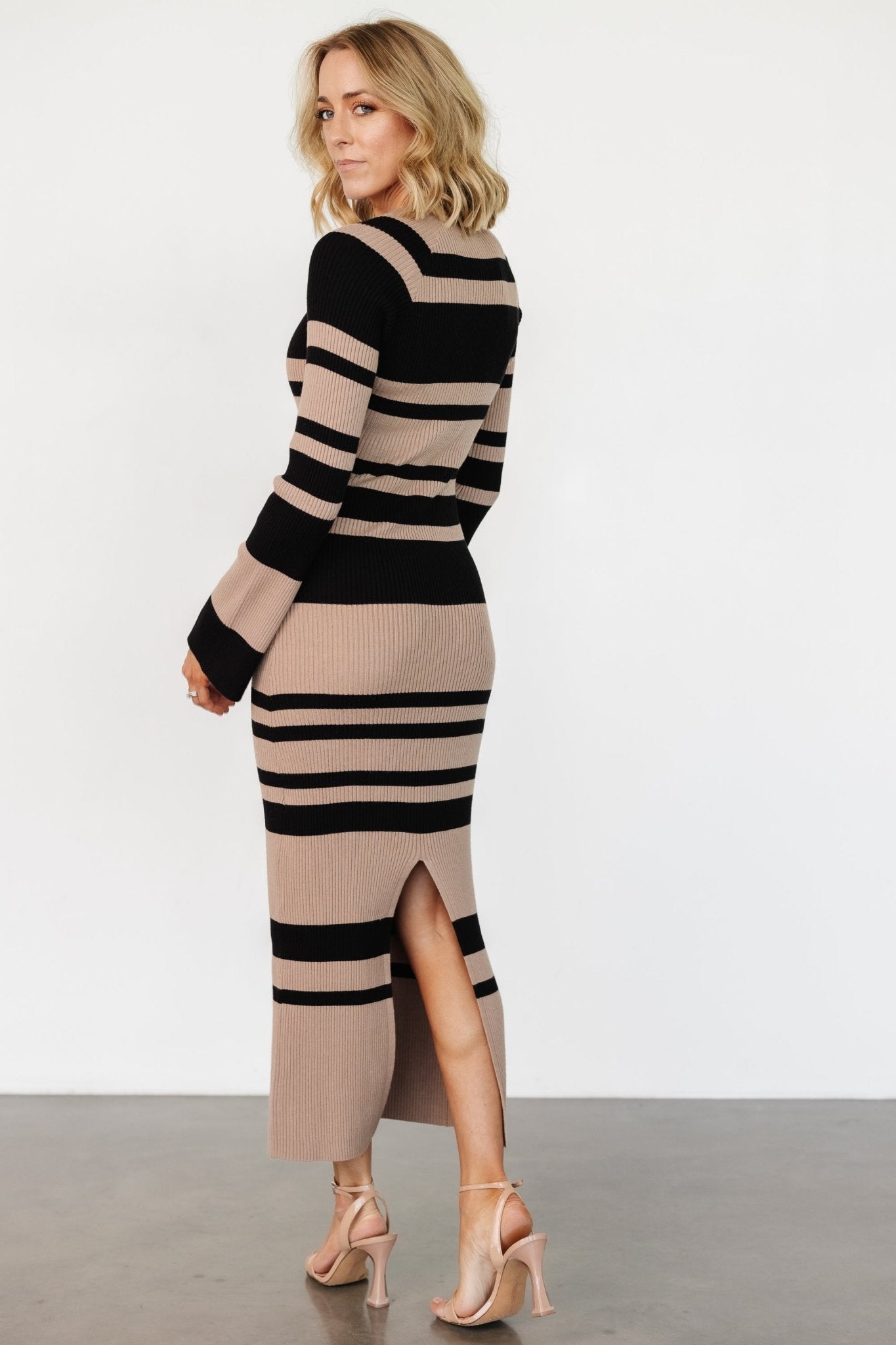 Marika Ribbed Dress | Camel + Black Stripe | Baltic Born