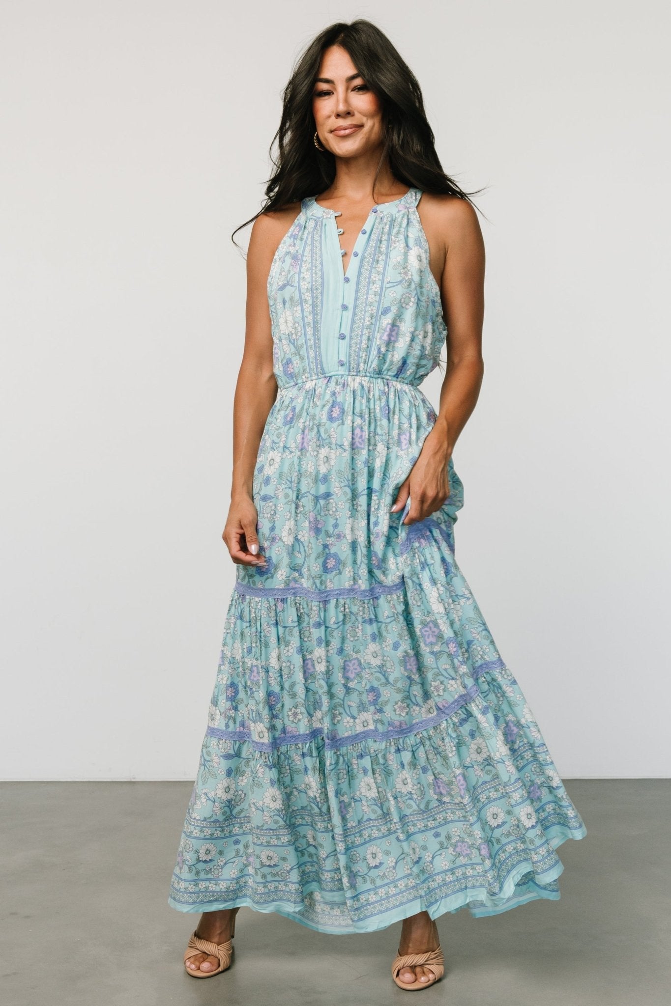 Meline Button Front Maxi Dress | Light Blue Multi | Baltic Born