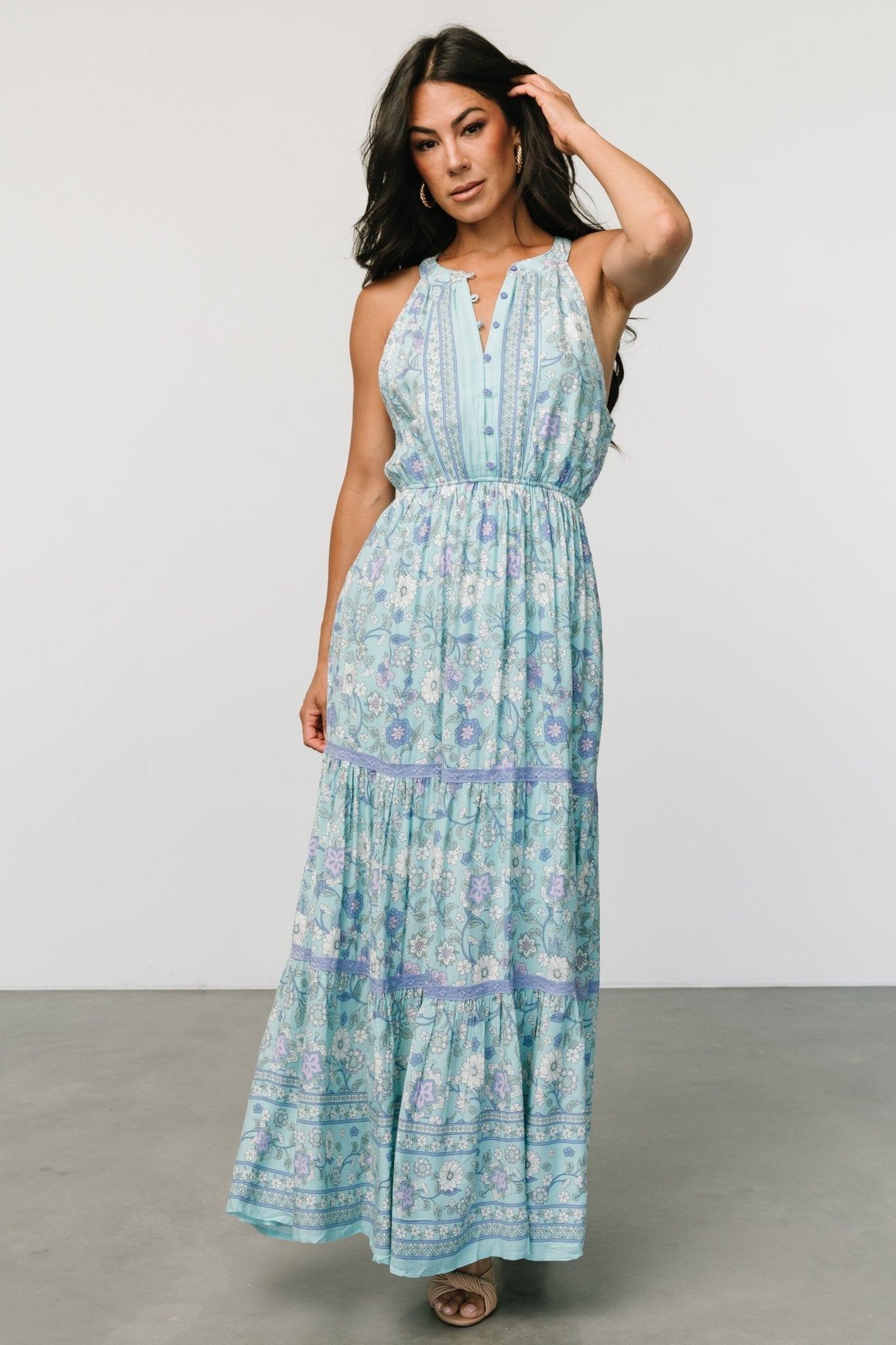 Meline Button Front Maxi Dress | Light Blue Multi | Baltic Born